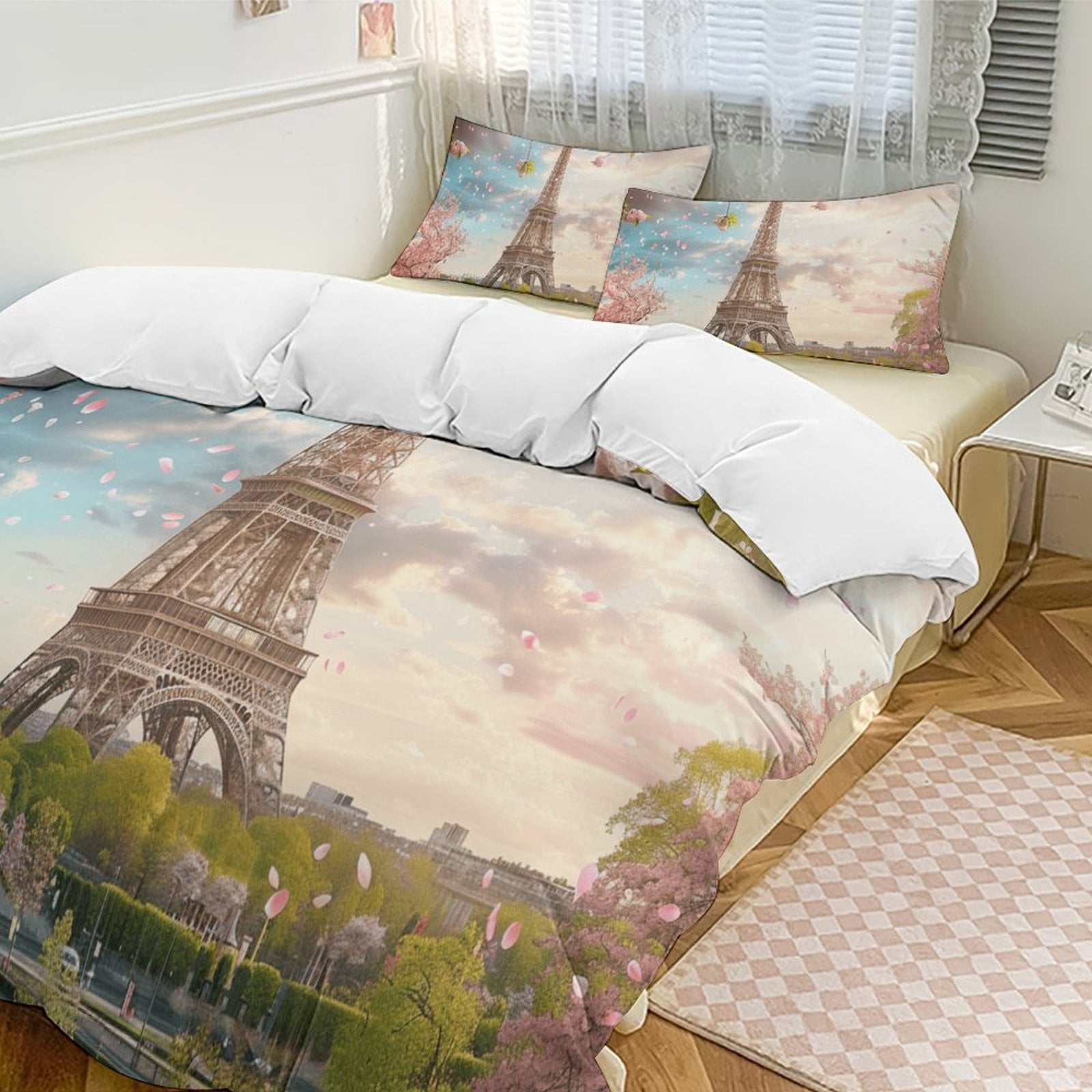 Blossoming Paris Eiffel Tower Duvet Cover Set King Size for Bedroom ...