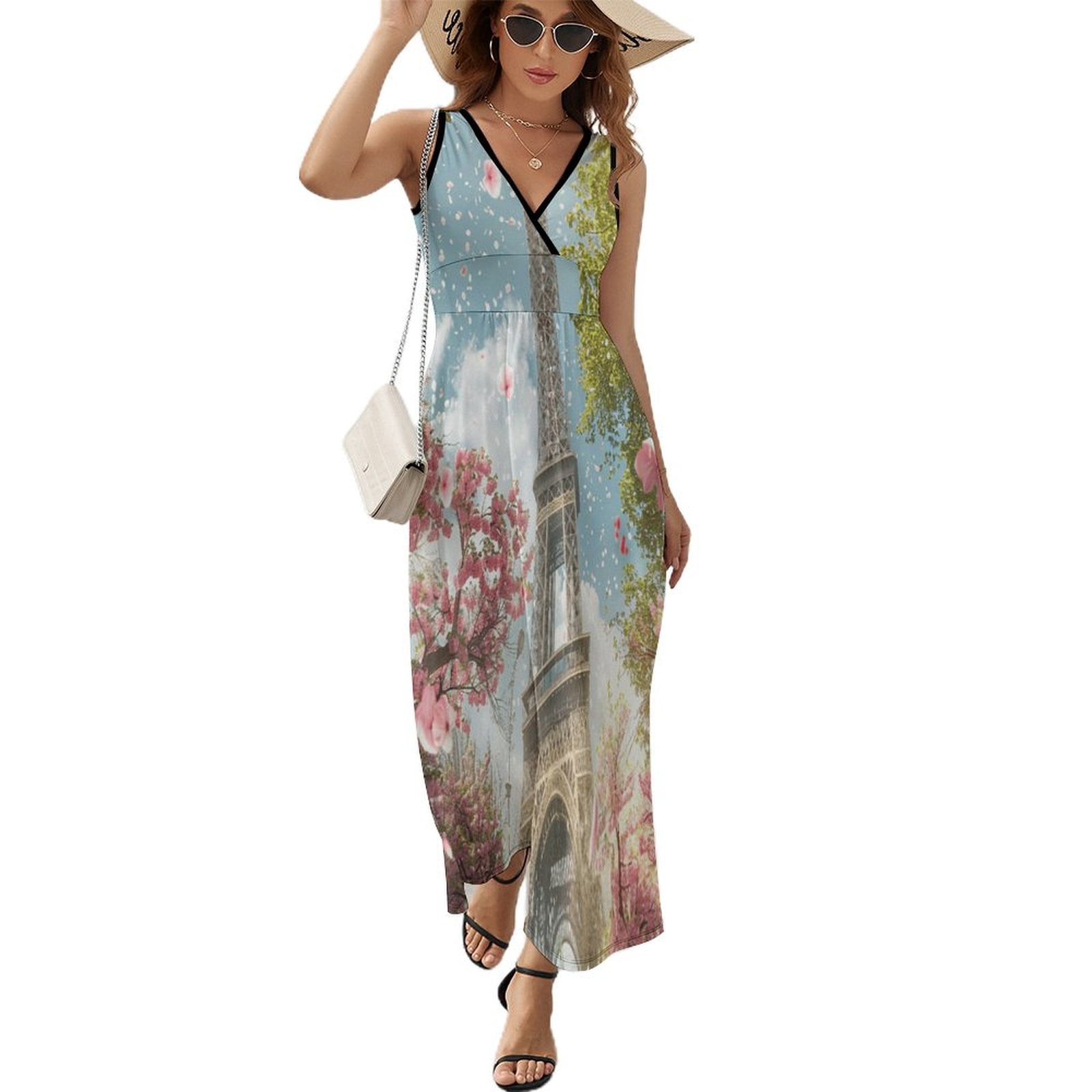 Blossoming Paris Eiffel Tower King Size Sleeveless Dress Dresses Summer ...