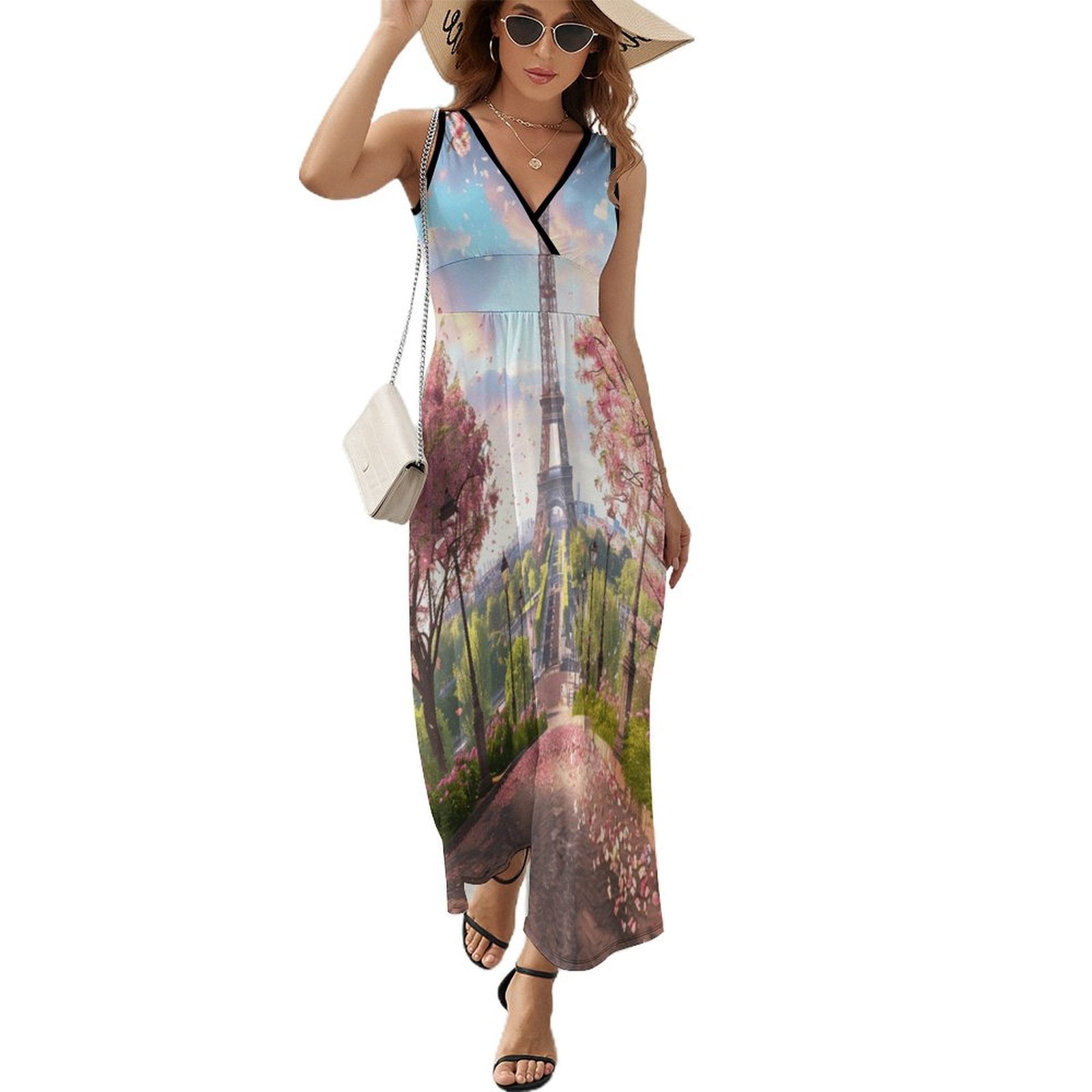 Blossoming Paris Eiffel Tower King Size Sleeveless Dress Dresses Summer ...