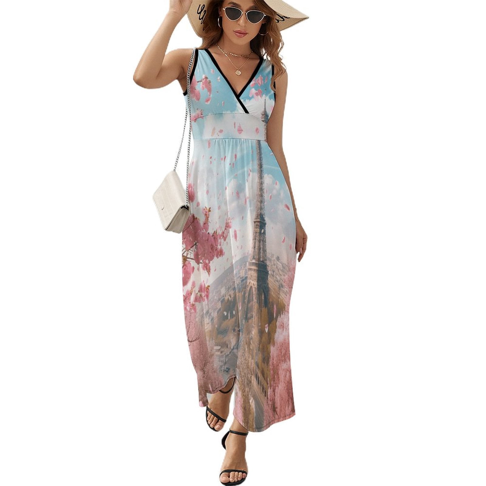 Blossoming Paris Eiffel Tower Pattern Design Sleeveless Dress Summer ...