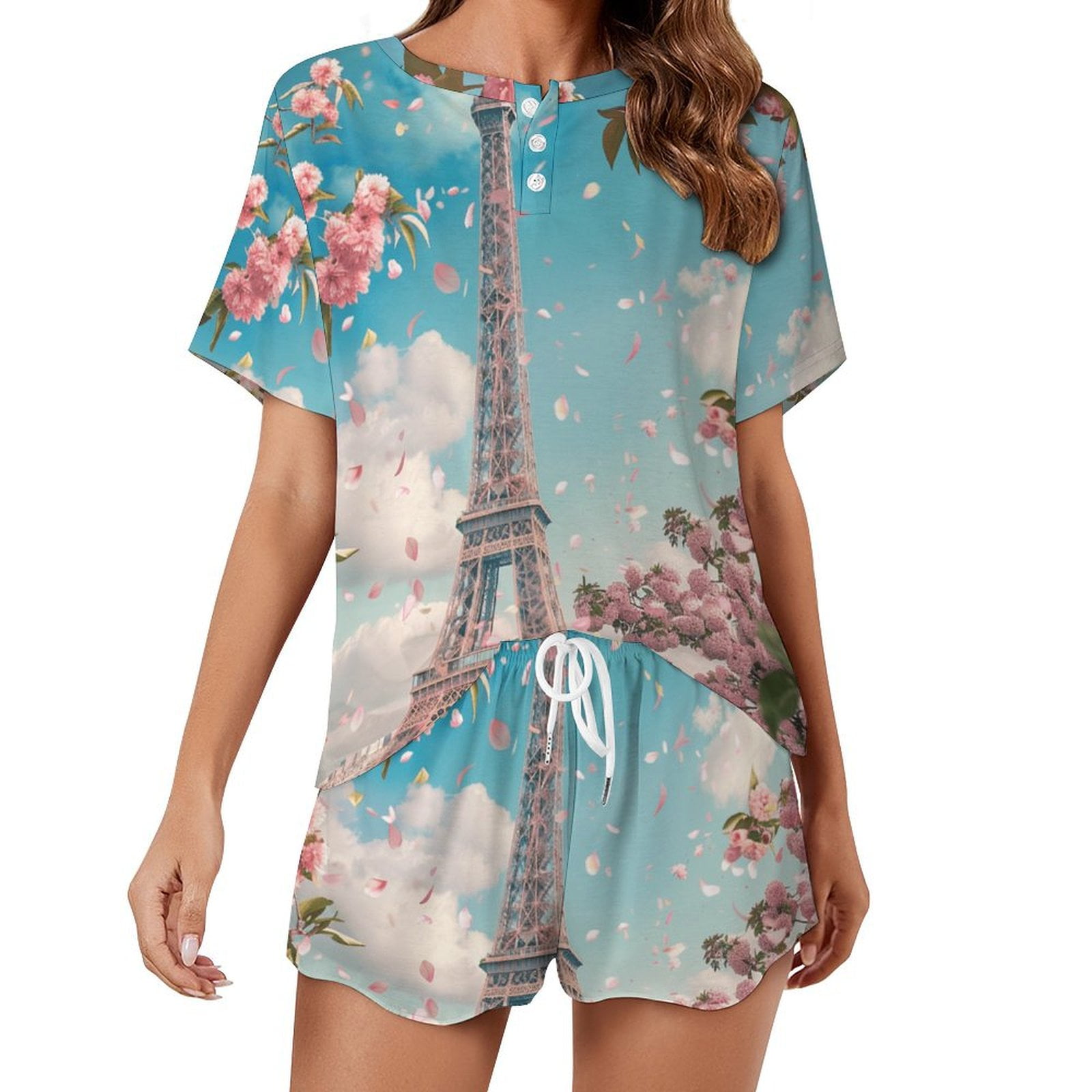 Blossoming Paris Eiffel Tower Print Women'S Pajamas Set Summer Sleepwear Sets 2 Piece Lounge Set ...