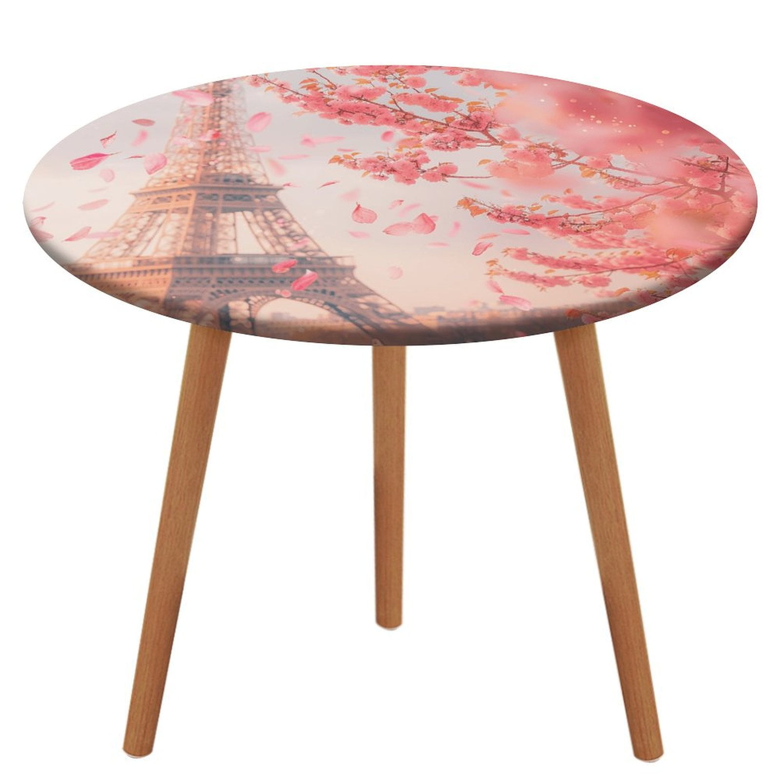 Blossoming Paris Eiffel Tower Round Fitted Tablecloth with Elastic Edged & Backing, Round Table ...