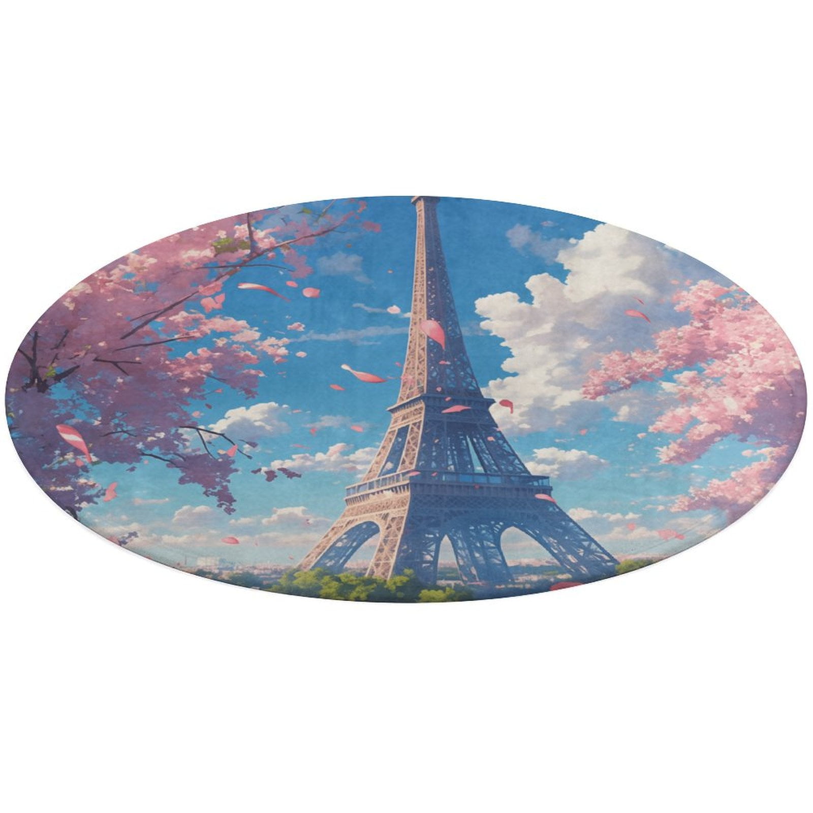 Blossoming Paris Eiffel Tower Round Rugs -Washable Non-Slip Small Round ...