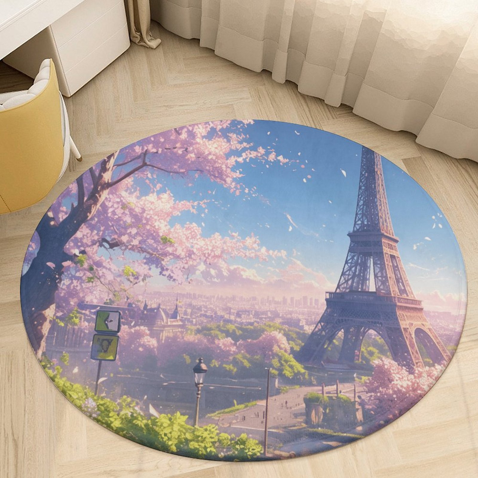 Blossoming Paris Eiffel Tower Round Rugs -Washable Non-Slip Small Round ...