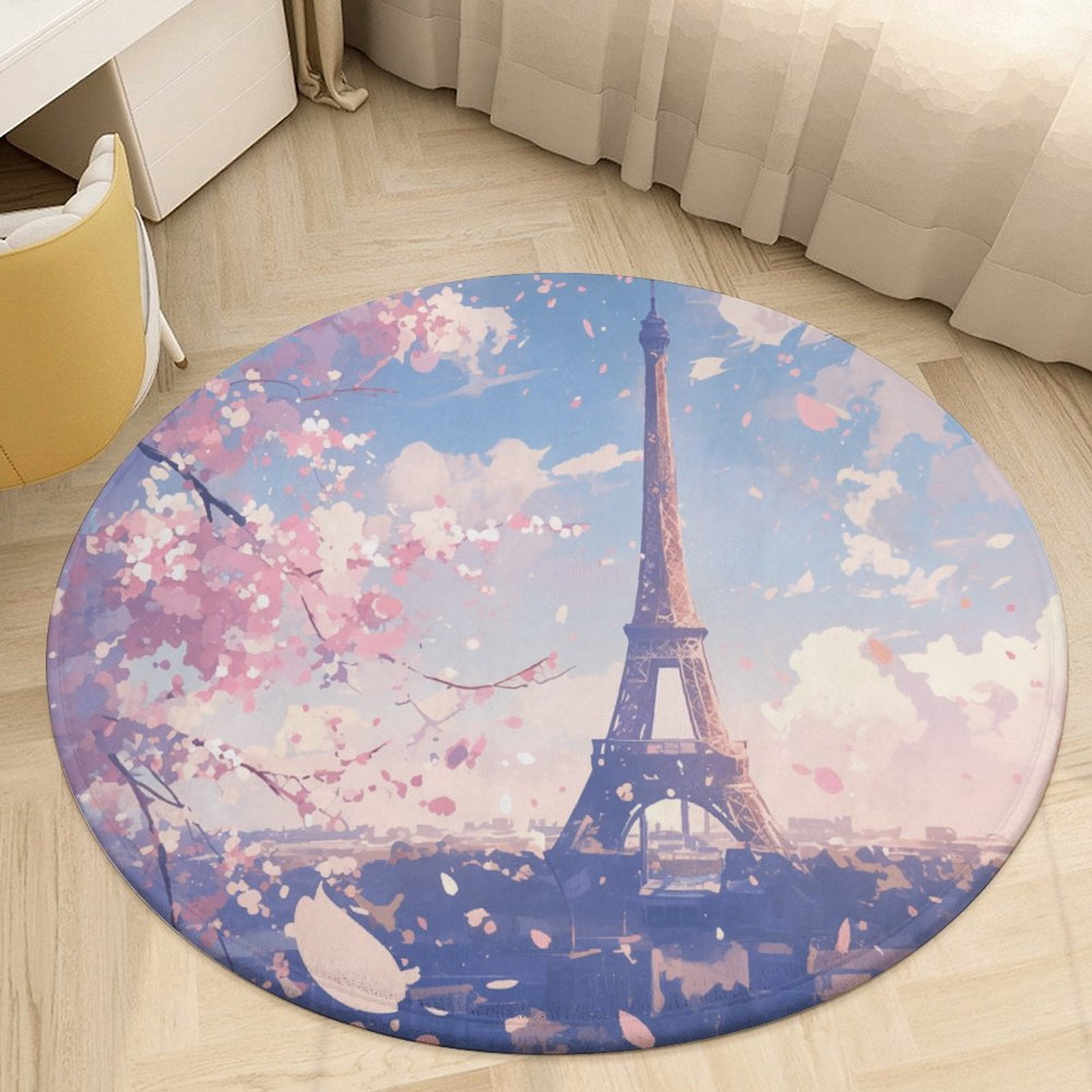 Blossoming Paris Eiffel Tower Round Rugs -Washable Non-Slip Small Round ...