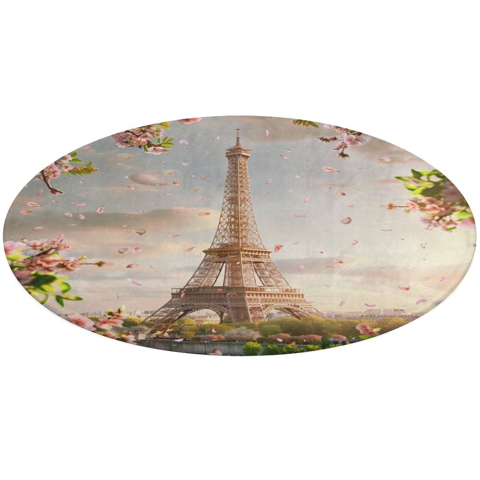Blossoming Paris Eiffel Tower Round Rugs -Washable Non-Slip Small Round ...