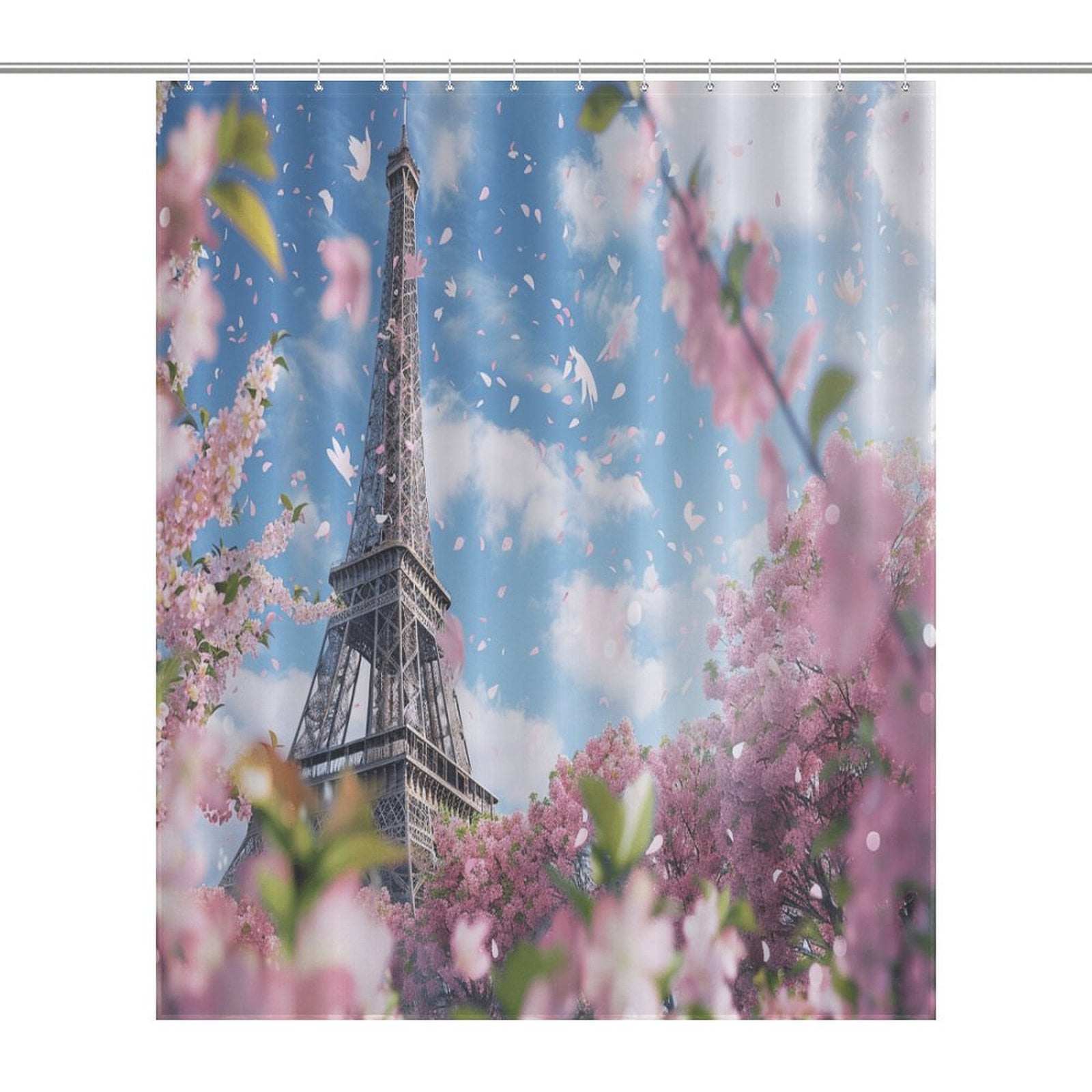 Blossoming Paris Eiffel Tower Shower Curtain Fabric Bathroom Decor with ...