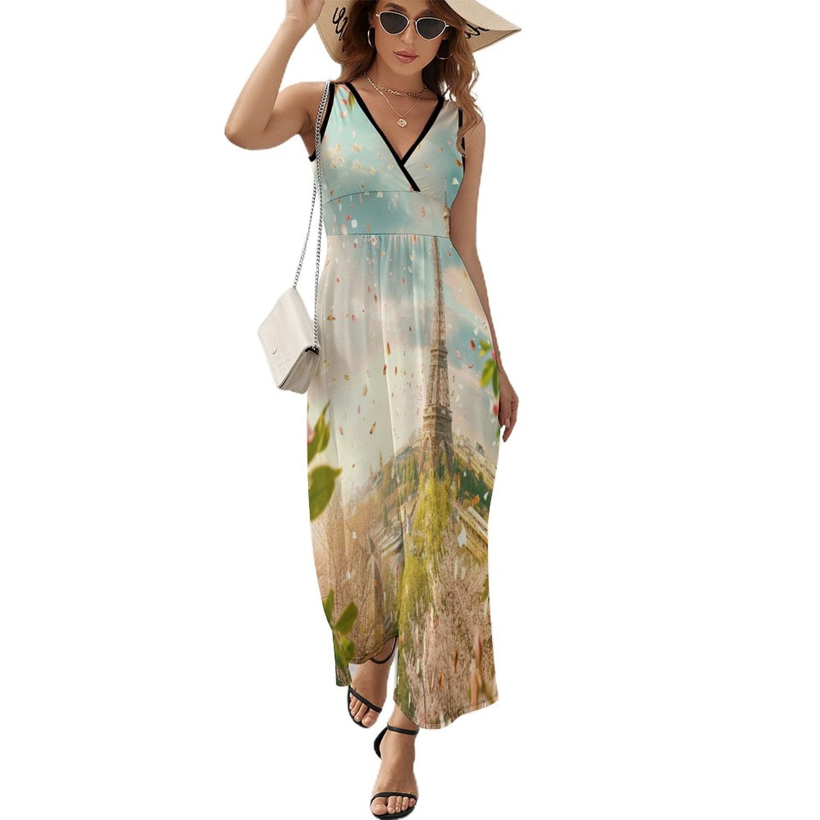 Blossoming Paris Eiffel Tower Sleeveless Dress Female Clothing Dress ...