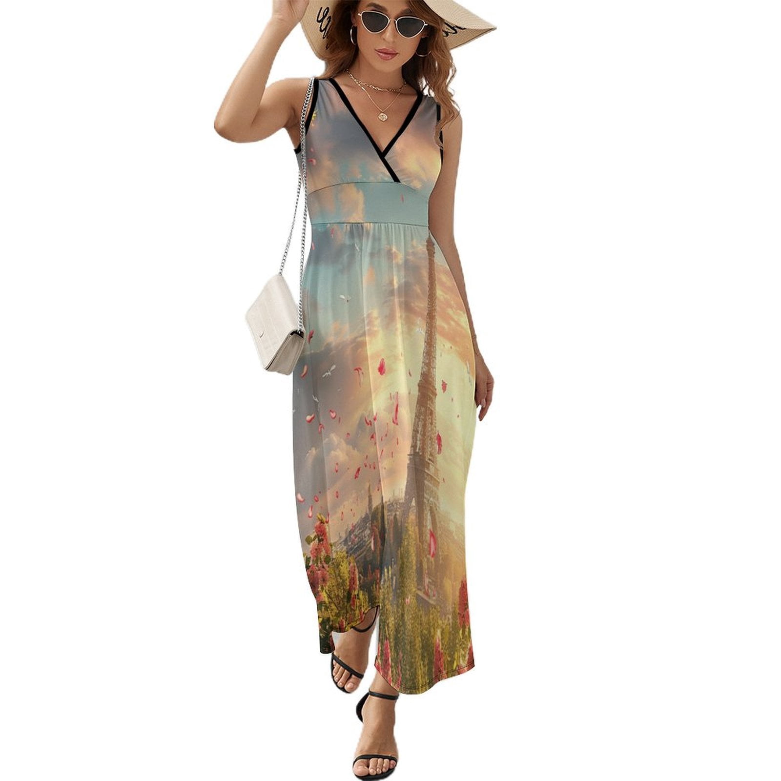 Blossoming Paris Eiffel Tower Sleeveless Dress Female Clothing Dress ...