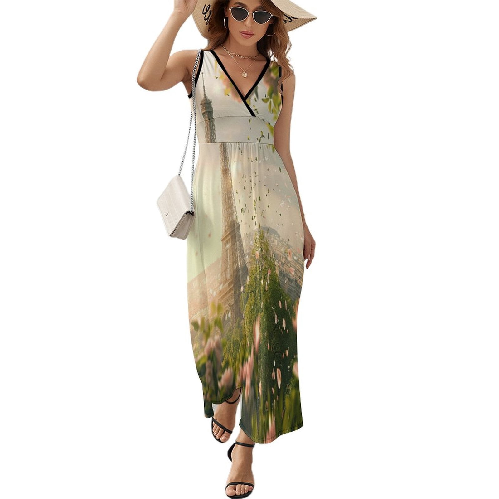 Blossoming Paris Eiffel Tower Sleeveless Dress Female Clothing Dress ...