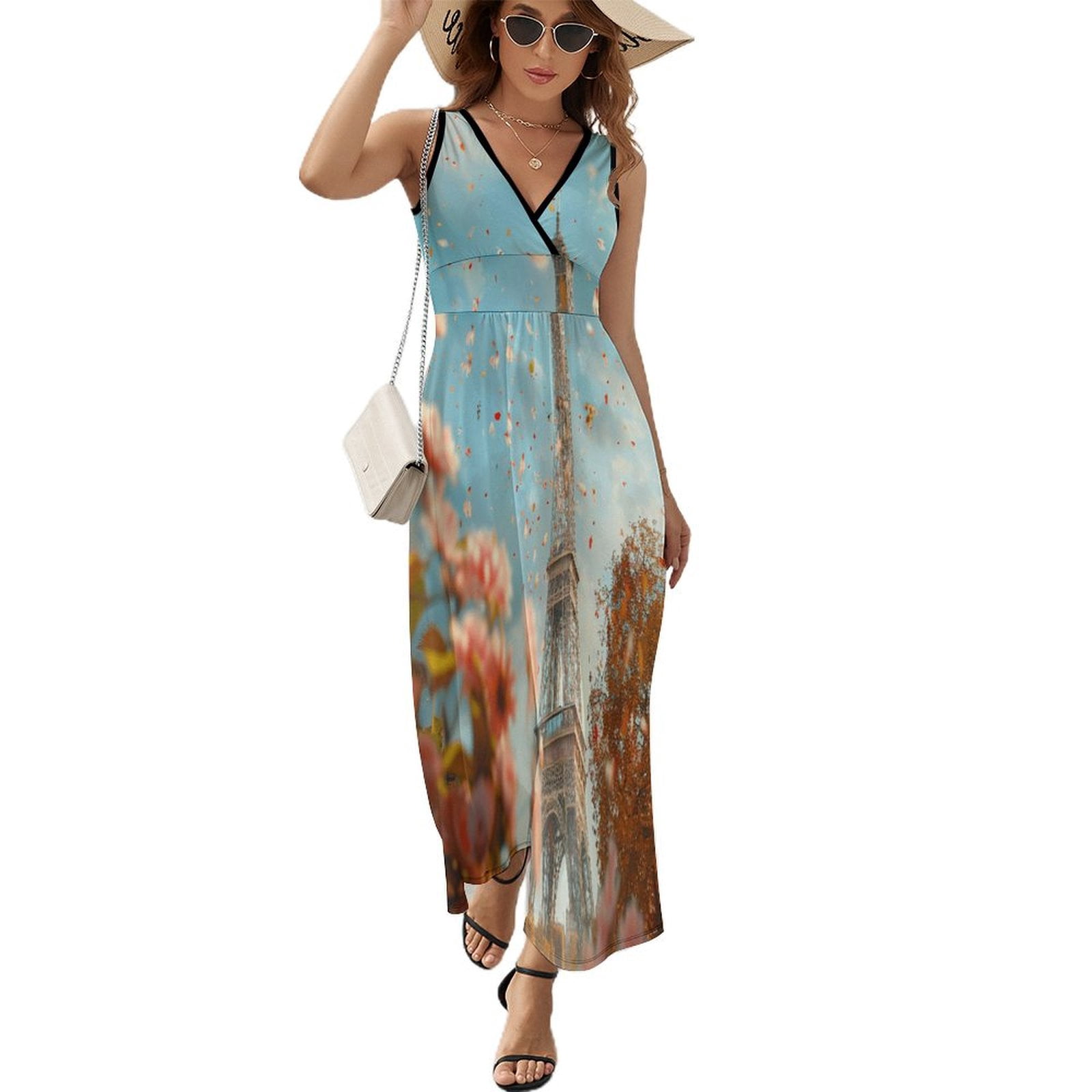 Blossoming Paris Eiffel Tower Sleeveless Dress Female Clothing Dress ...