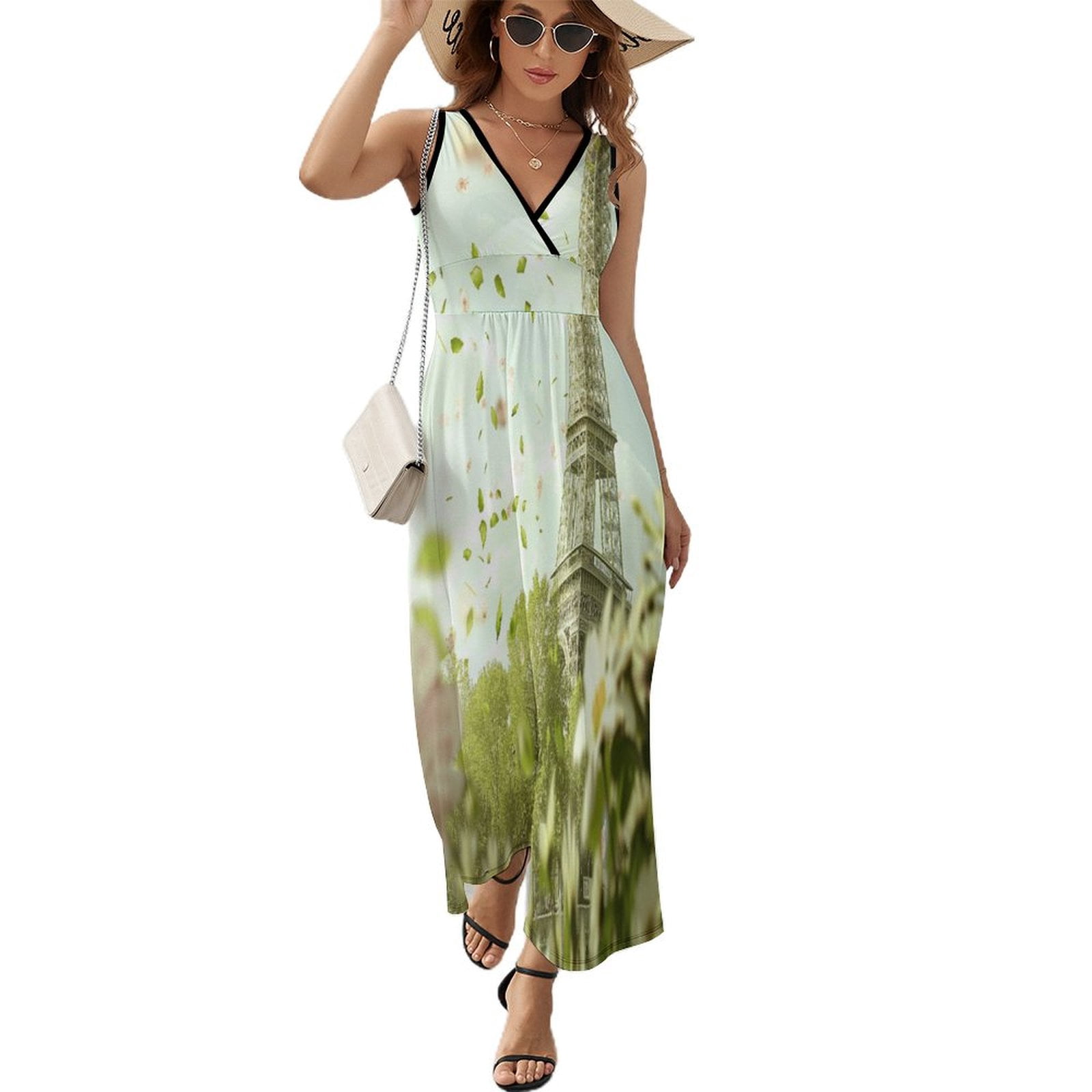 Blossoming Paris Eiffel Tower Sleeveless Dress Woman Fashion Long ...