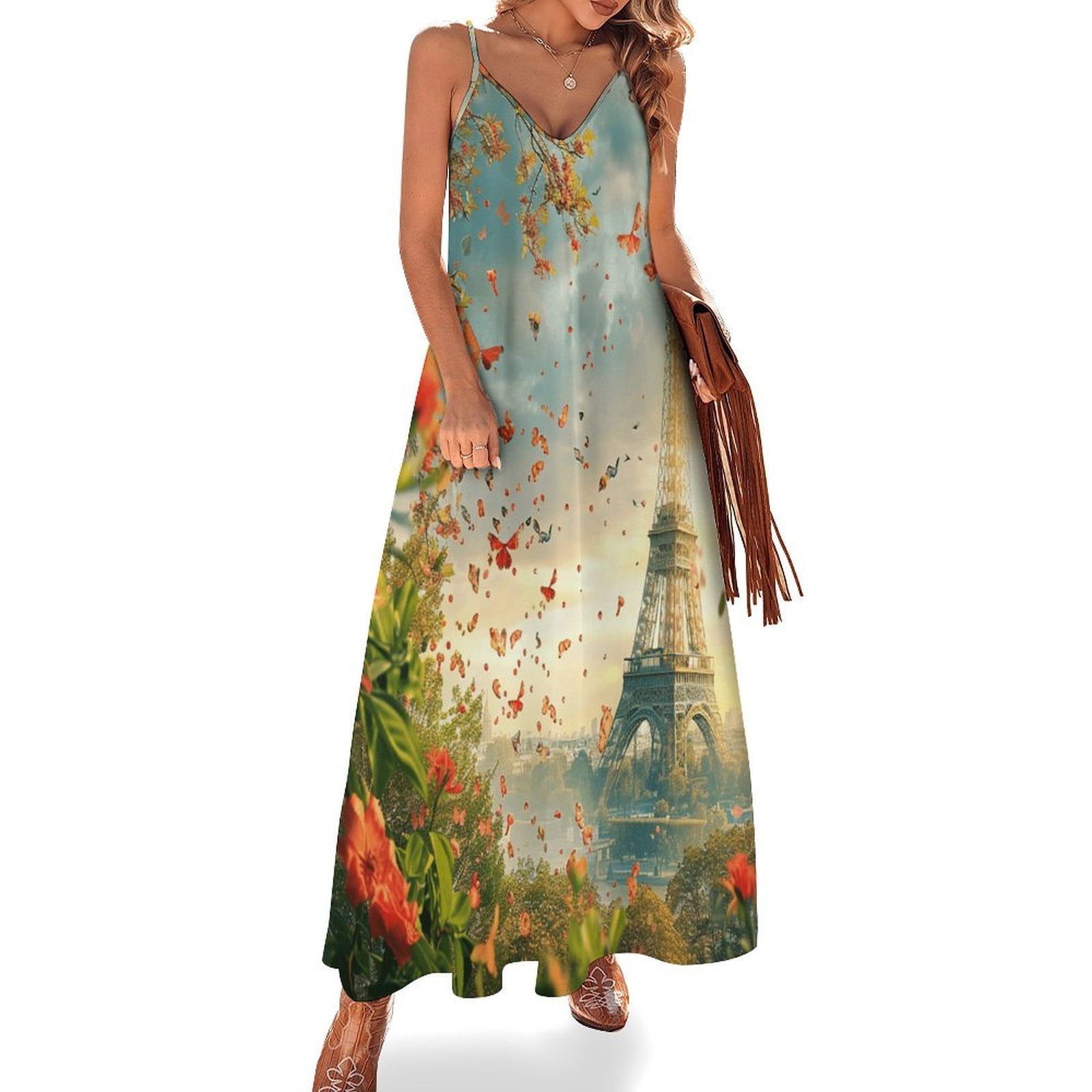 Blossoming Paris Eiffel Tower Sleeveless Dress Woman Fashion Long ...