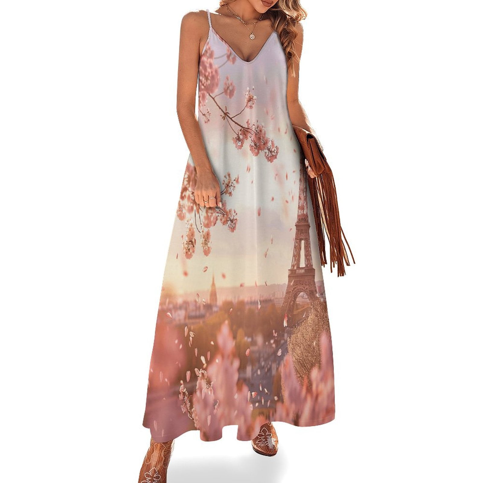 Blossoming Paris Eiffel Tower Sleeveless Dress Woman Fashion Long ...