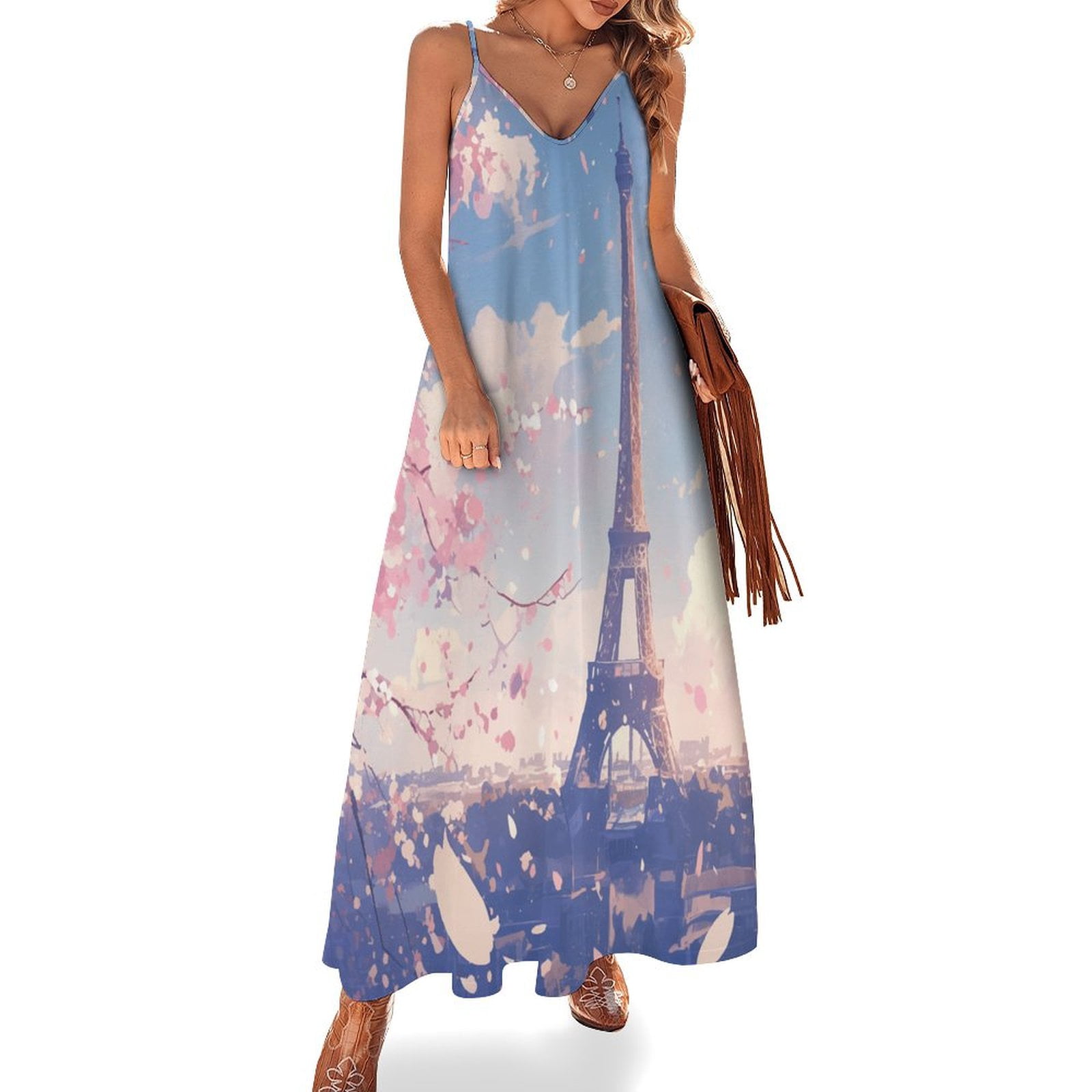Blossoming Paris Eiffel Tower Sleeveless Dress Women's Luxury Party ...