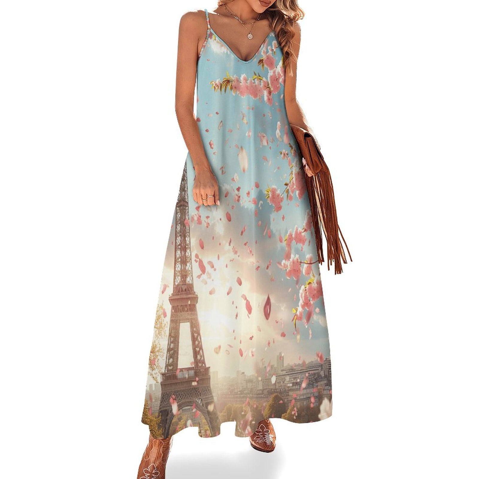 Blossoming Paris Eiffel Tower Sleeveless Dress Women's Luxury Party ...