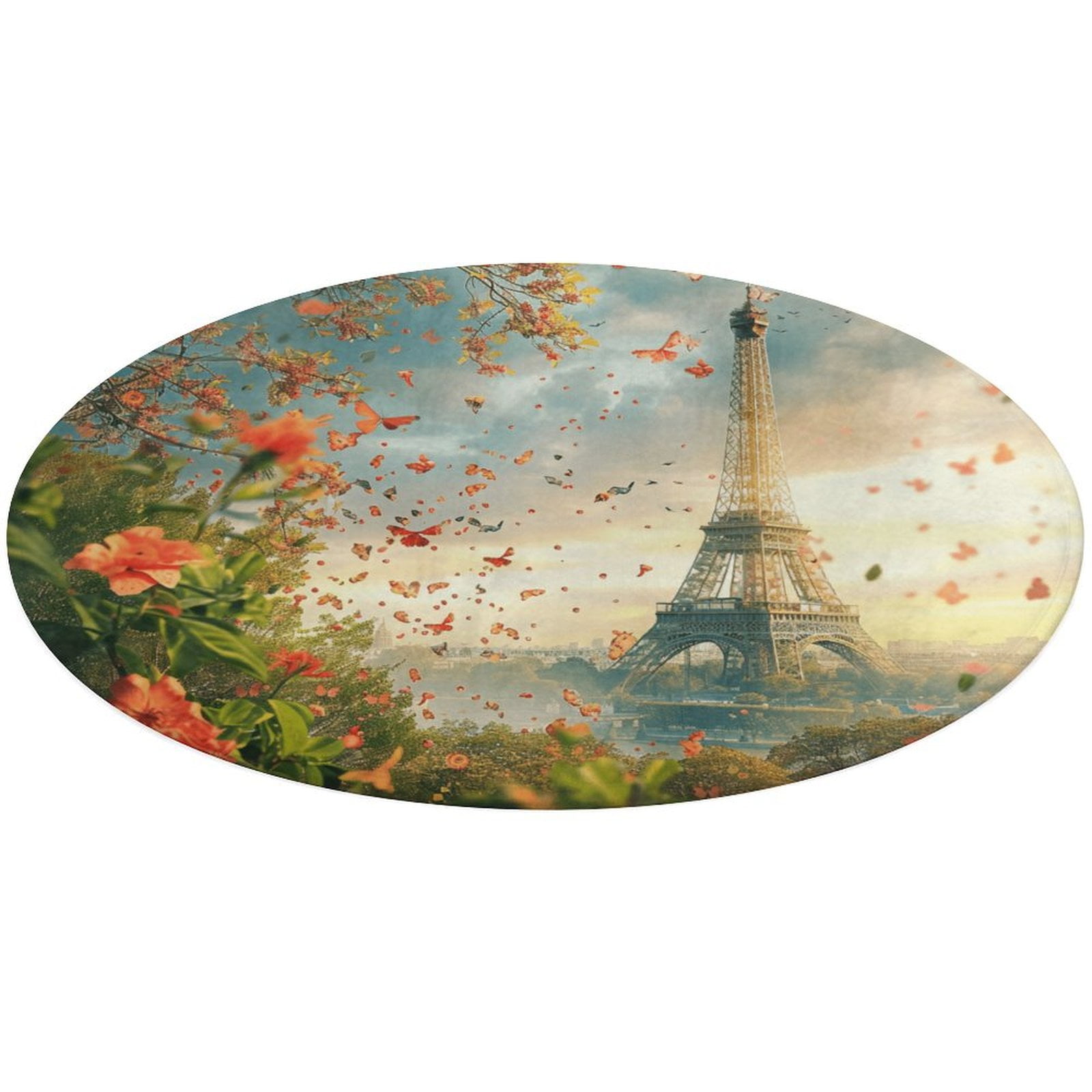 Blossoming Paris Eiffel Tower Washable Round Rug -Circle Area Rugs for ...