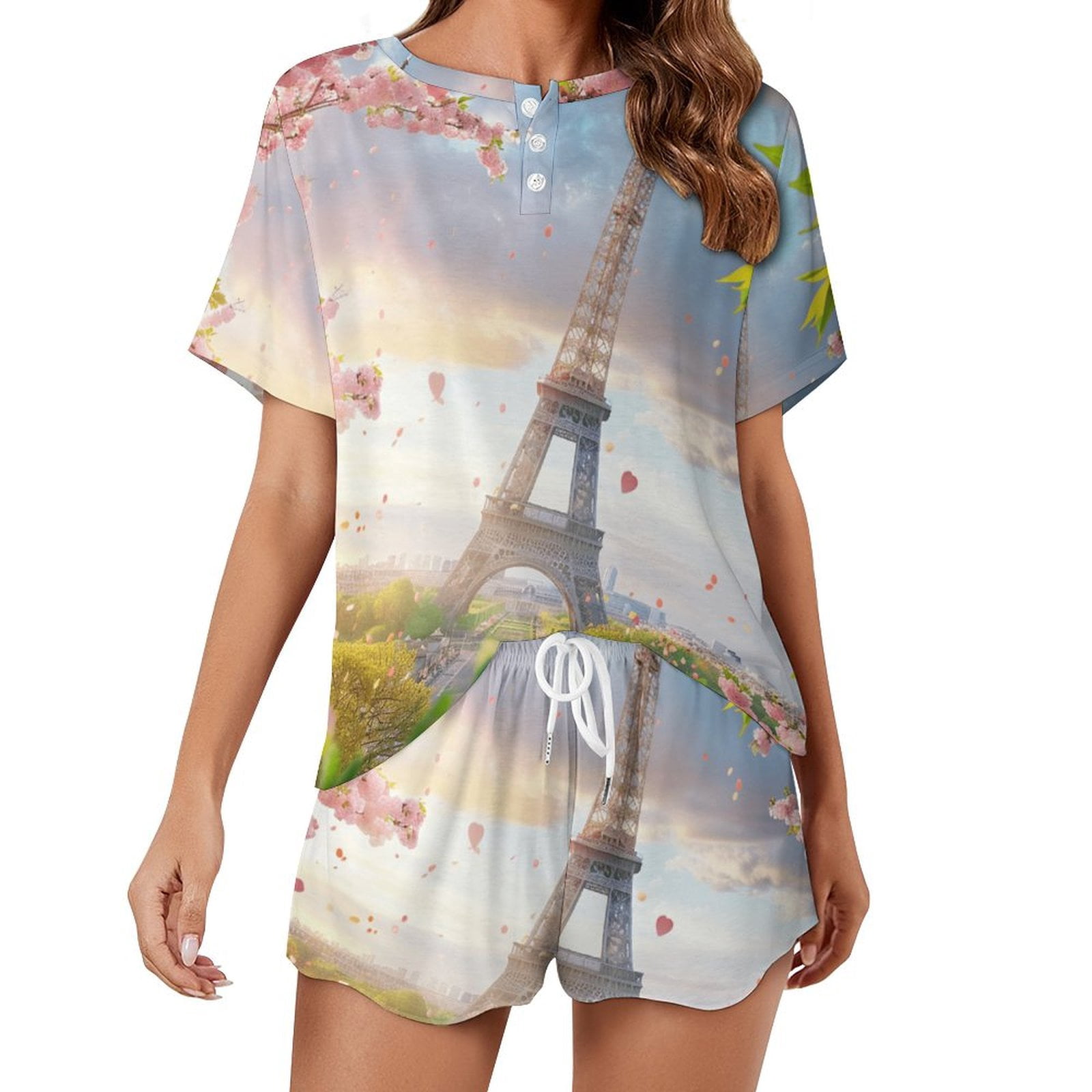 Blossoming Paris Eiffel Tower Women's Ruffle Short Sleeve Tops And ...