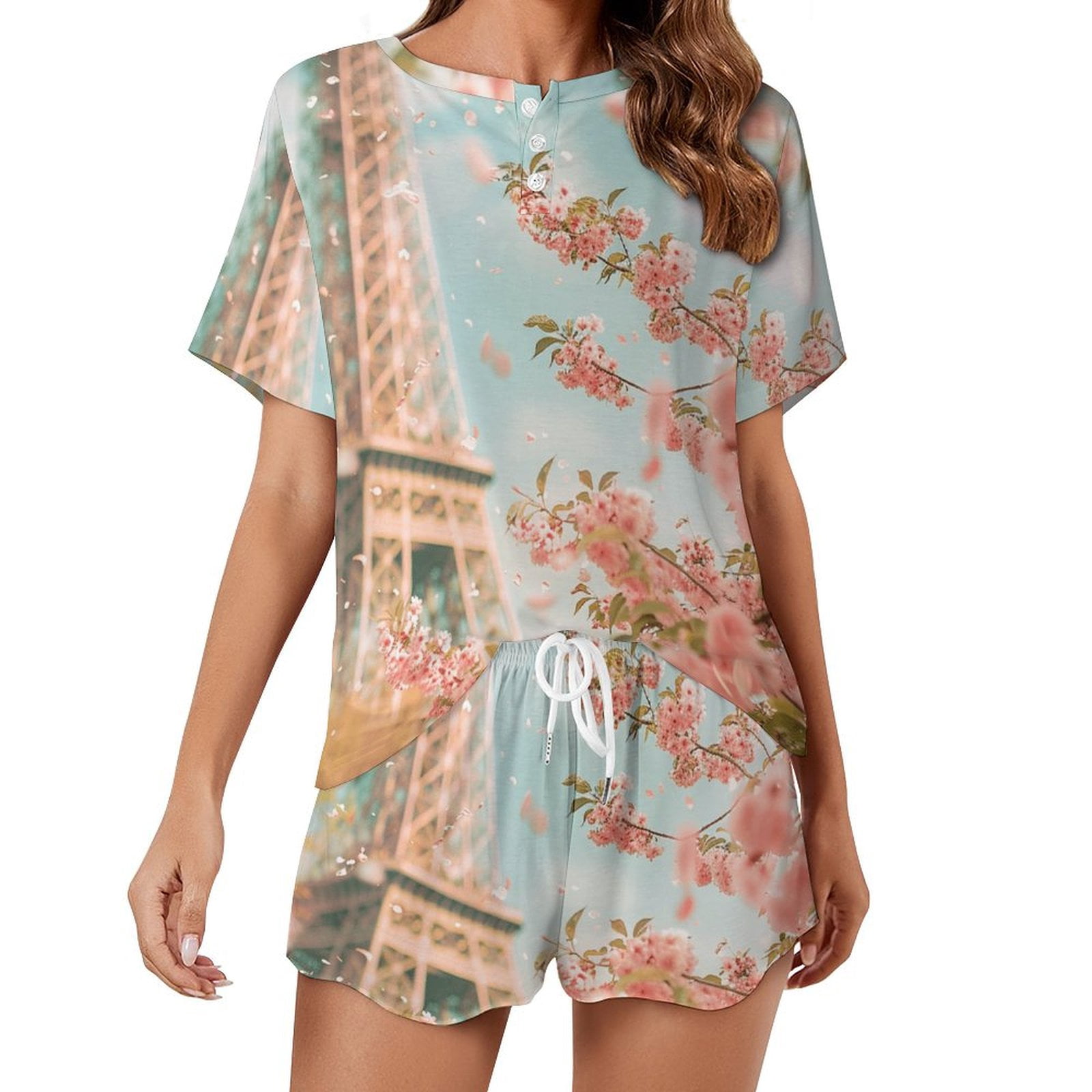 Blossoming Paris Eiffel Tower Women's Ruffle Short Sleeve Tops And ...