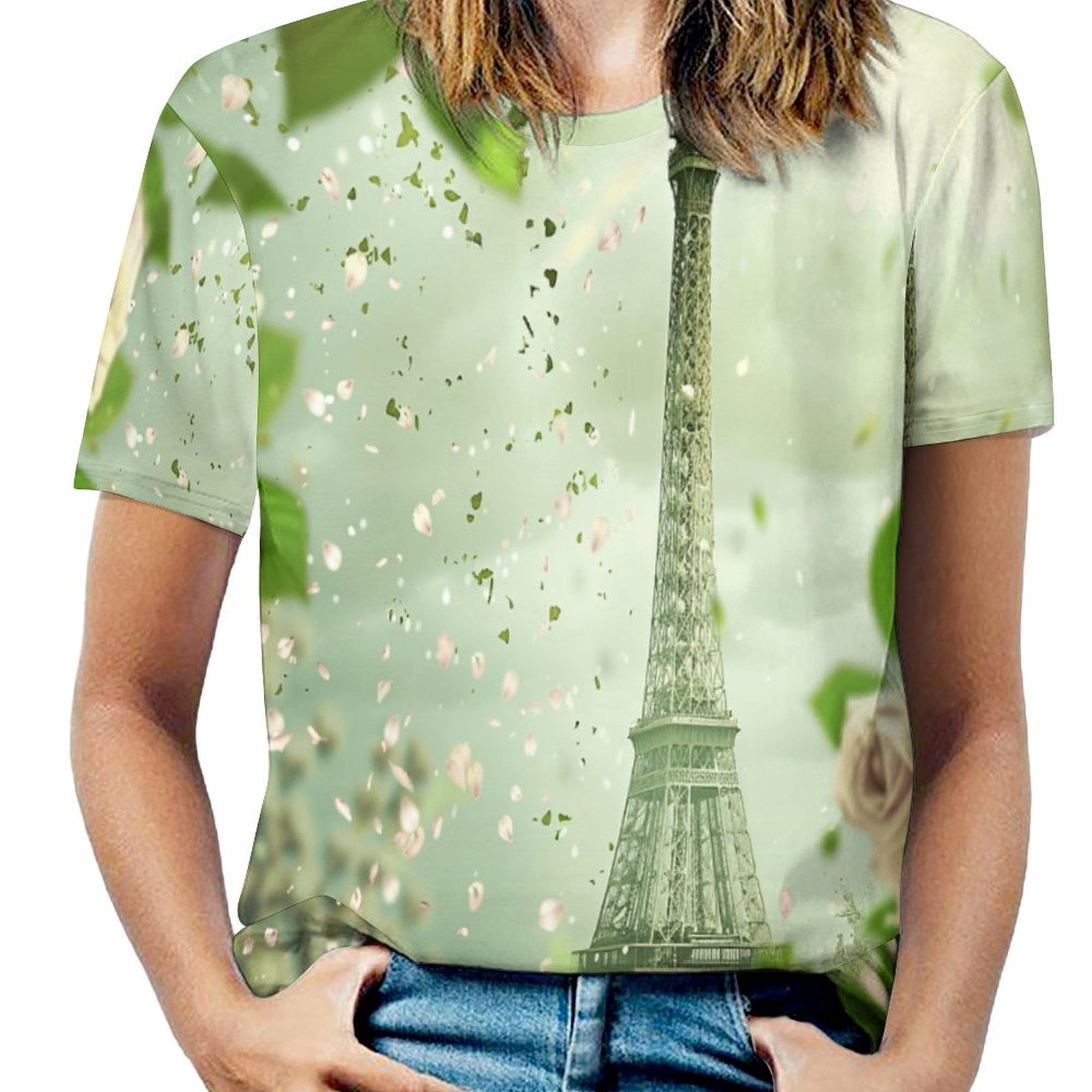 Blossoming Paris Eiffel Tower Women's Short Sleeve Tops Casual Blouses ...
