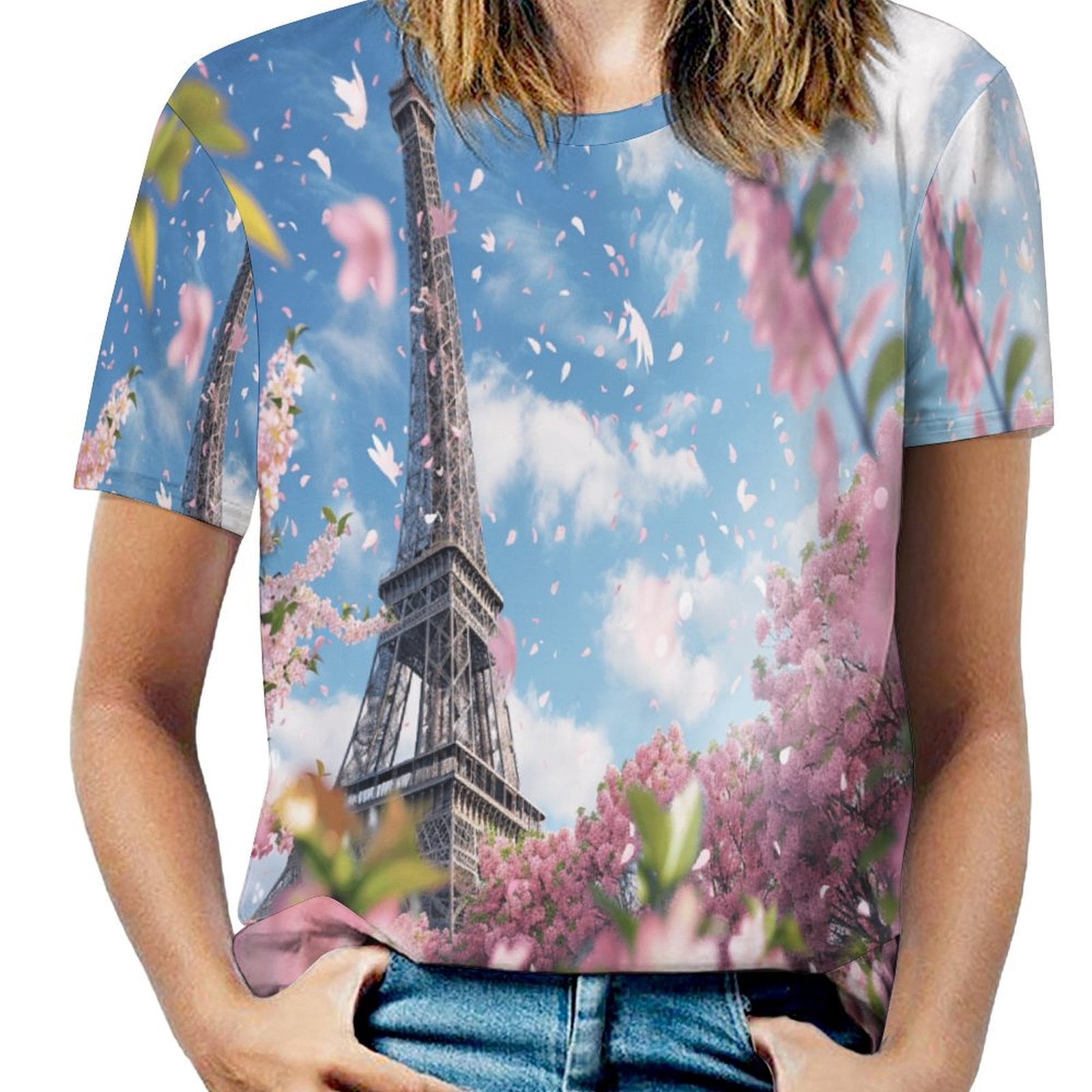 Blossoming Paris Eiffel Tower Women's Short Sleeve Tops Casual Blouses ...