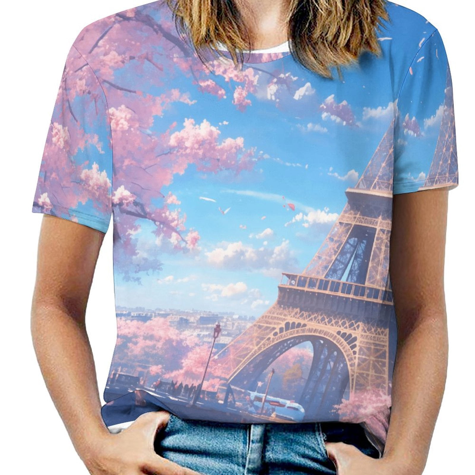 Blossoming Paris Eiffel Tower Women's Short Sleeve Tops Casual Blouses ...