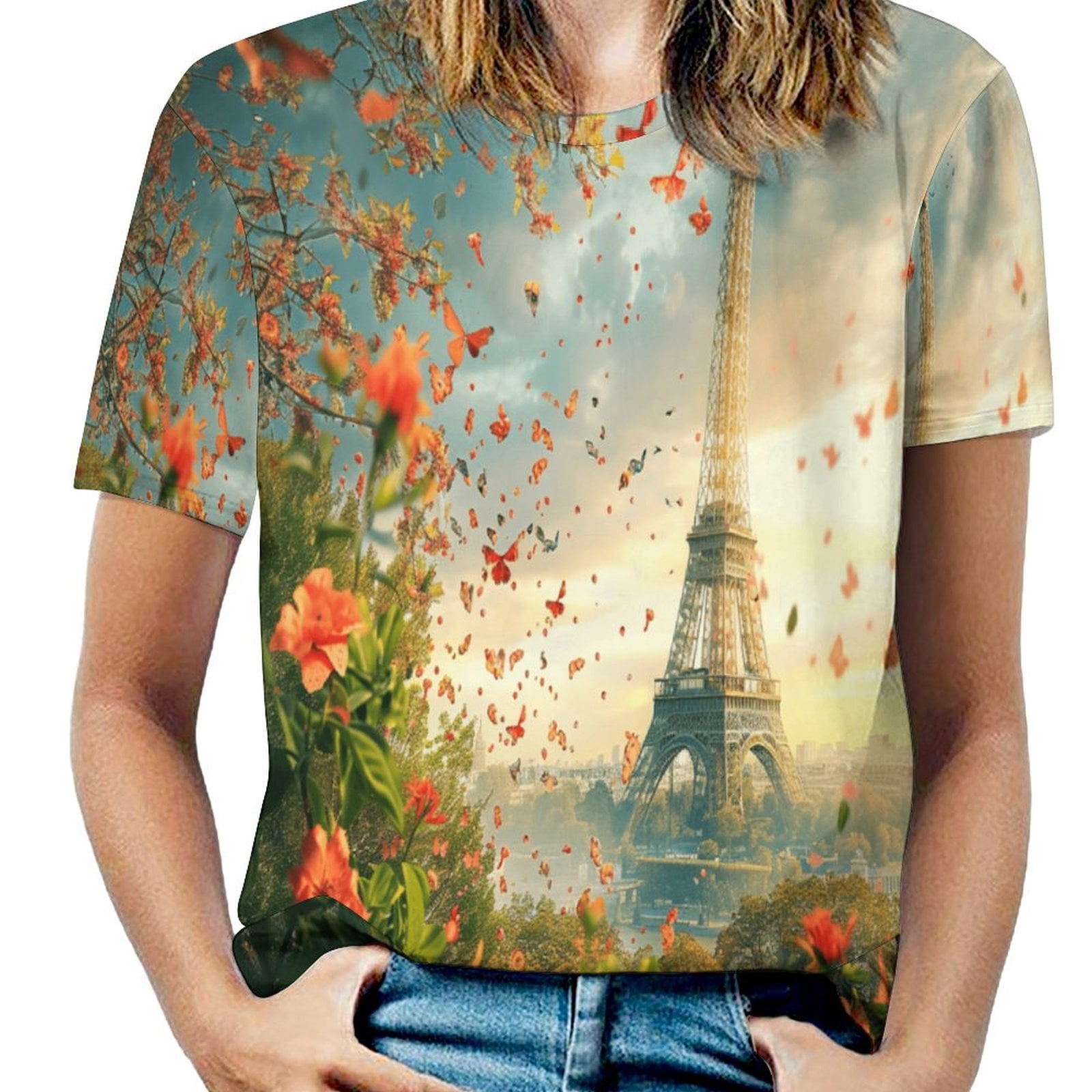 Blossoming Paris Eiffel Tower Women's T-Shirt Short Sleeve T Shirts ...