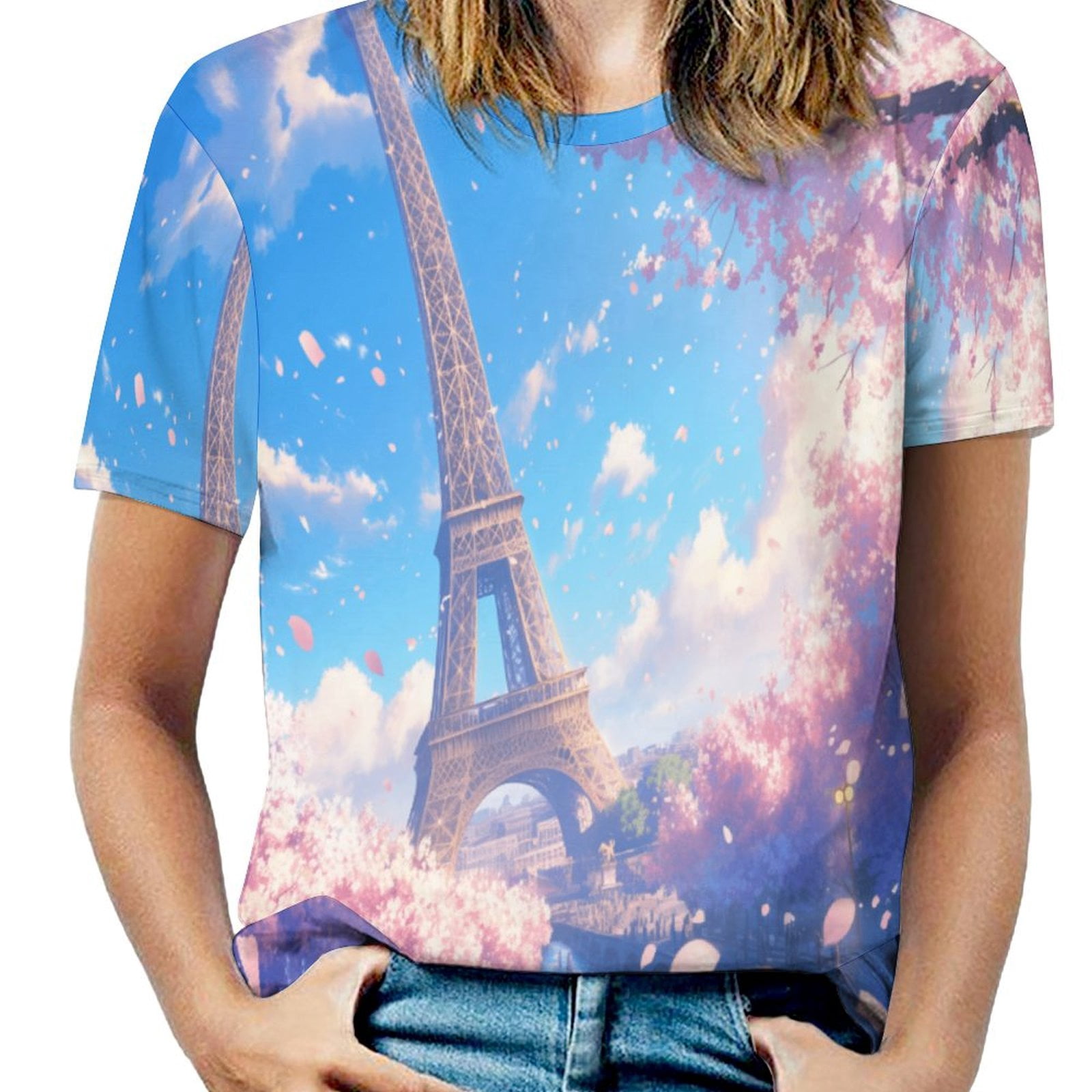 Blossoming Paris Eiffel Tower Womens Tops Women's Fashion Casual Short ...