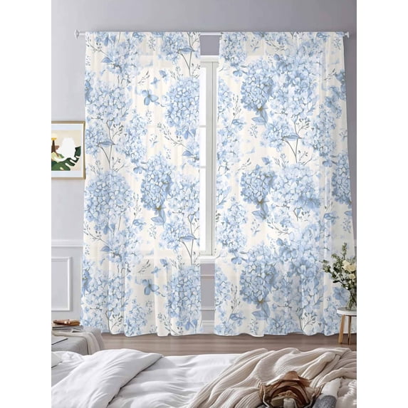 Blossoms Hydrangea Floral Sheer Curtains 2 Panels Set Blue Flowers ...