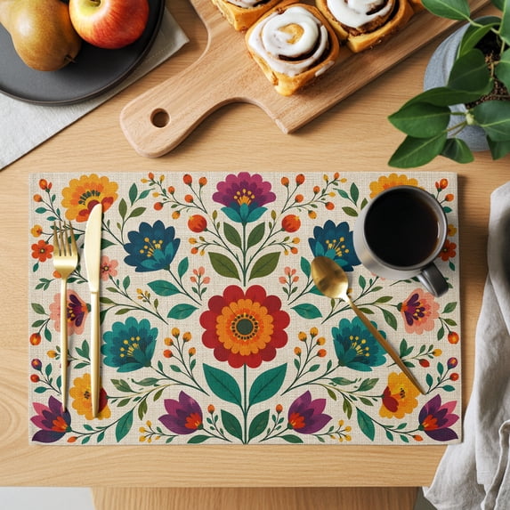 Blossoms Placemats Set of 4, Rustic Bobo Ethnic Floral Red Yellow Green ...