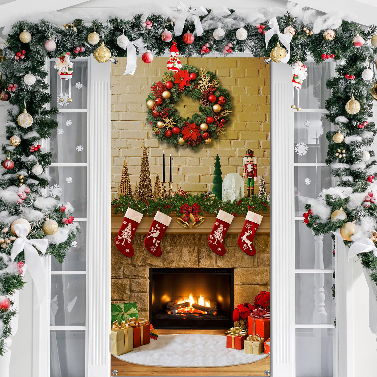 Blosssound 6 x 3 ft Christmas Fireplace Backdrop Winter Door Banner ...