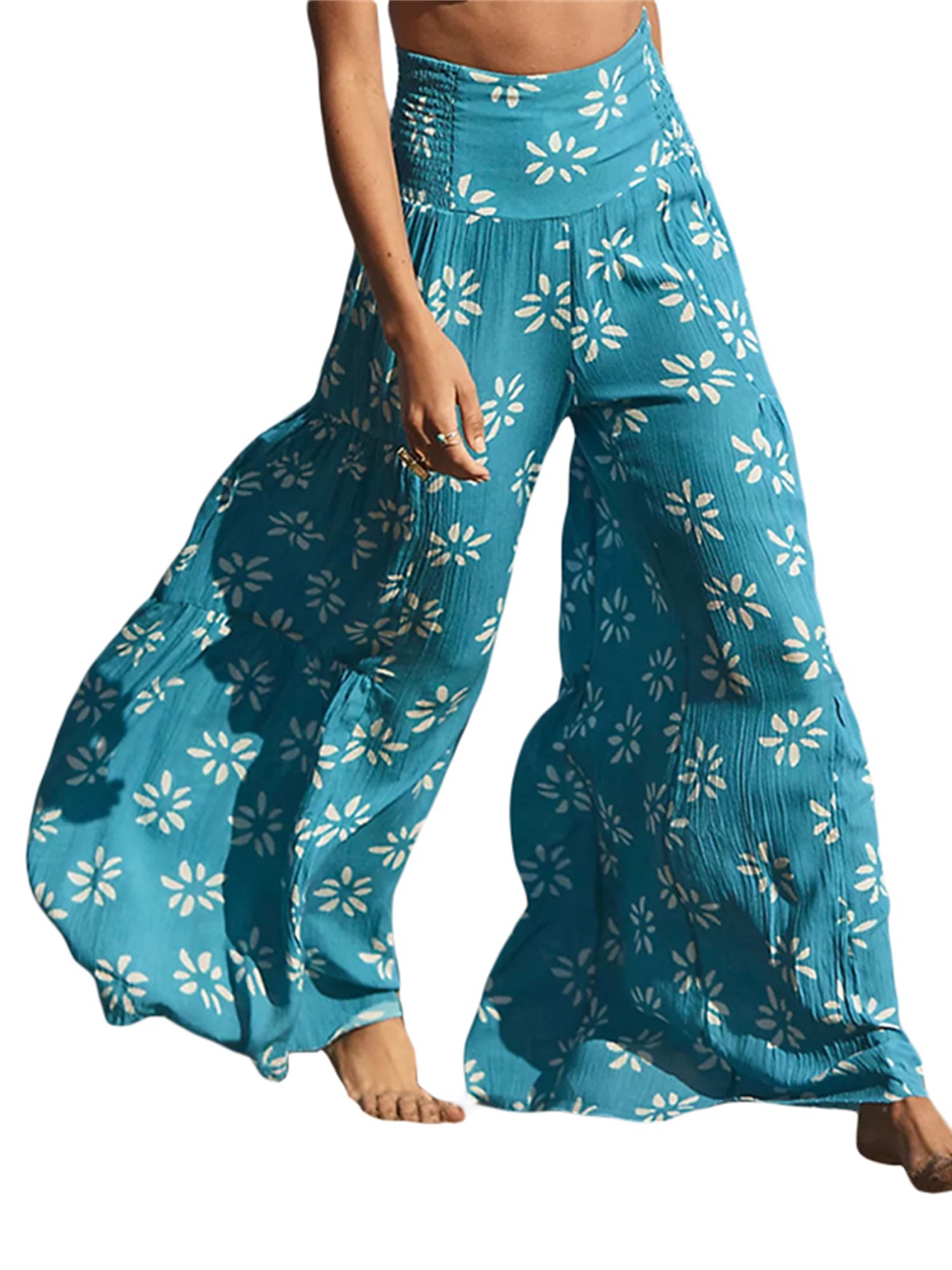Blotona Boho Wide Leg Pants for Women High Waist Floral Printed Belted ...