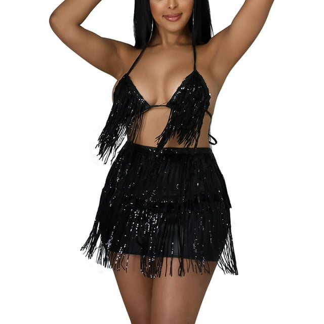 Blotona Women Boho Sequins Tassel Bra Top Hip Scarf Skirt Belly Dance 2 Piece Skirts Set ...