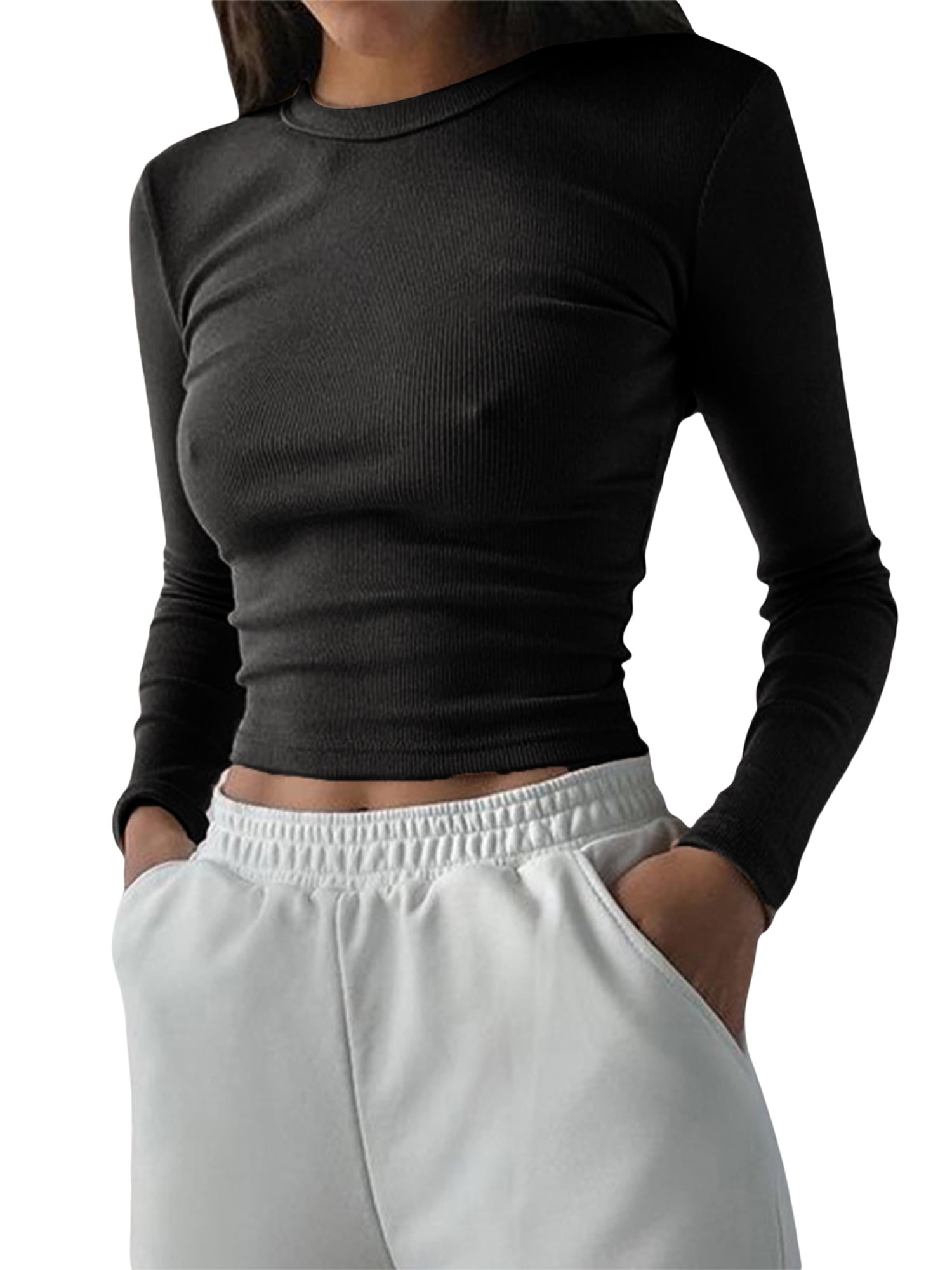 Blotona Women's Cropped Long Sleeve Round Neck Solid Color Ribbed T ...