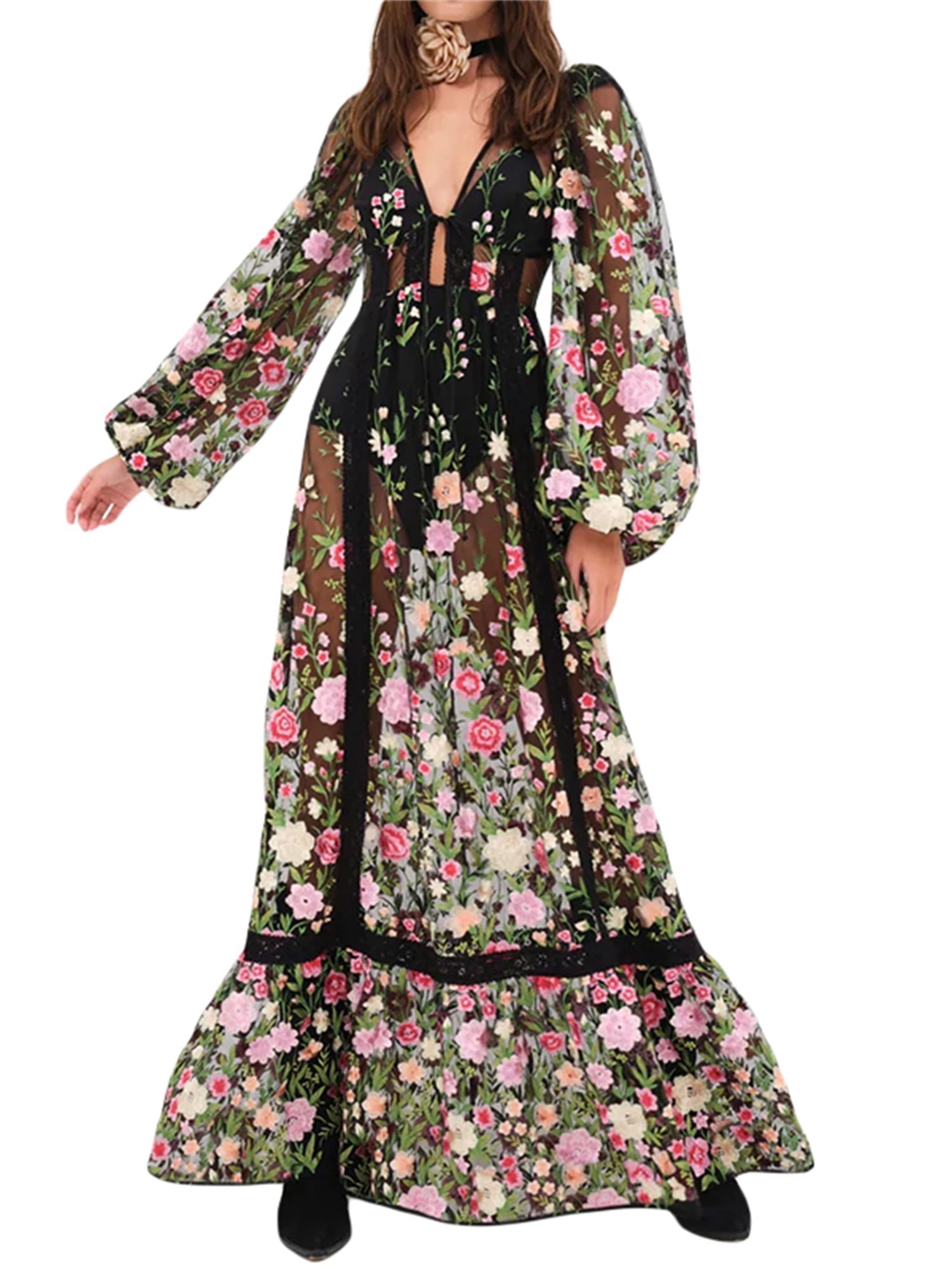 Blotona Women Mesh Sheer Cover Up Dress Floral See Through Lace Long ...