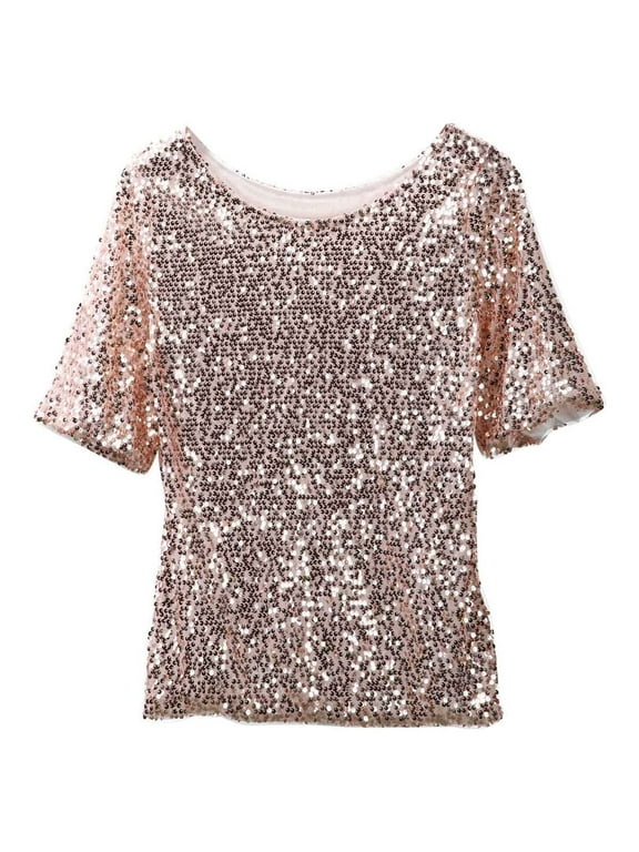 casual tops for women short sleeve summer fashion sequins sparkle coctail party blouse crop ...