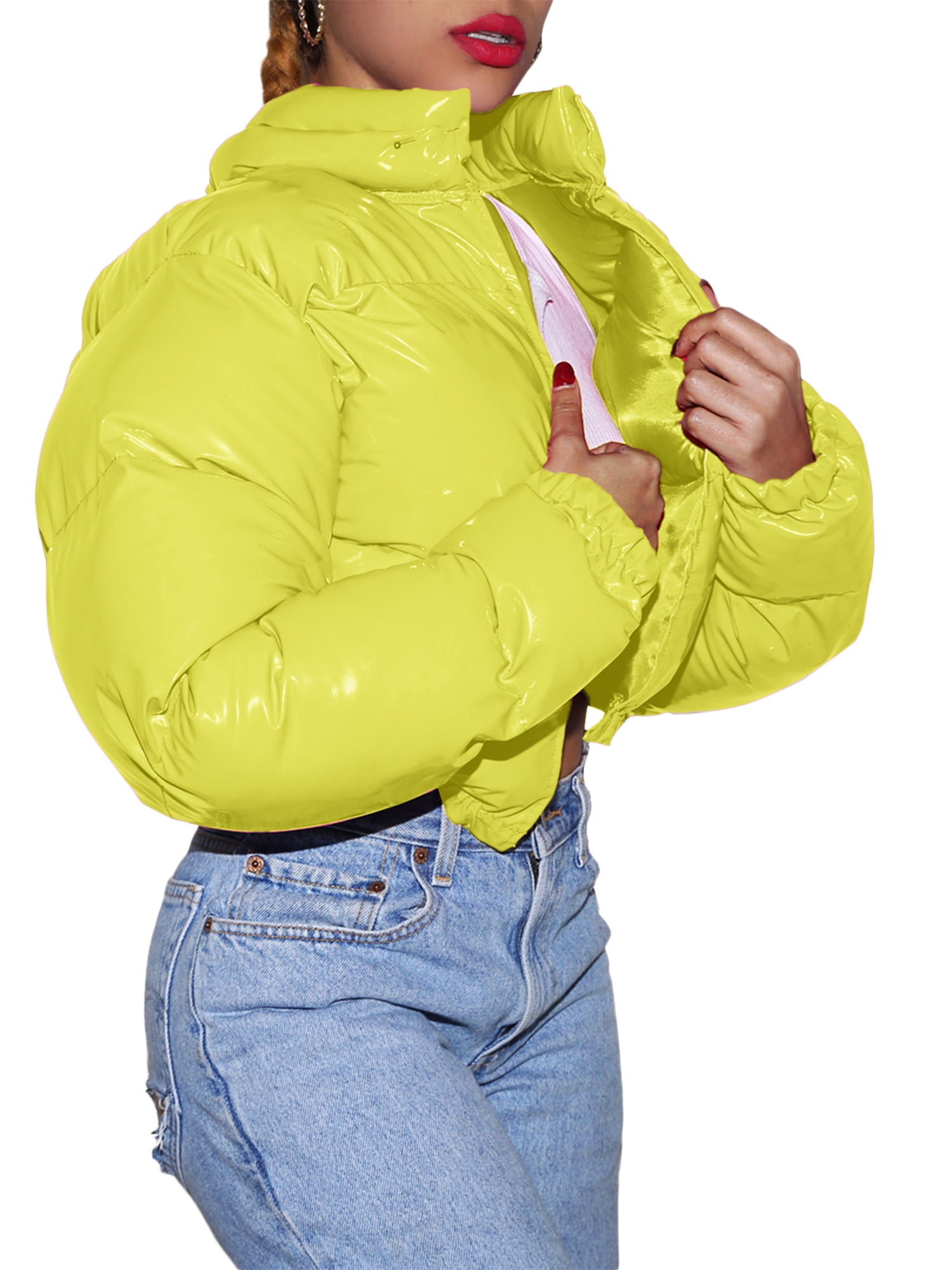 Blotona Women Shiny Short Puffer Jackets Bandana Cropped Long Sleeve ...