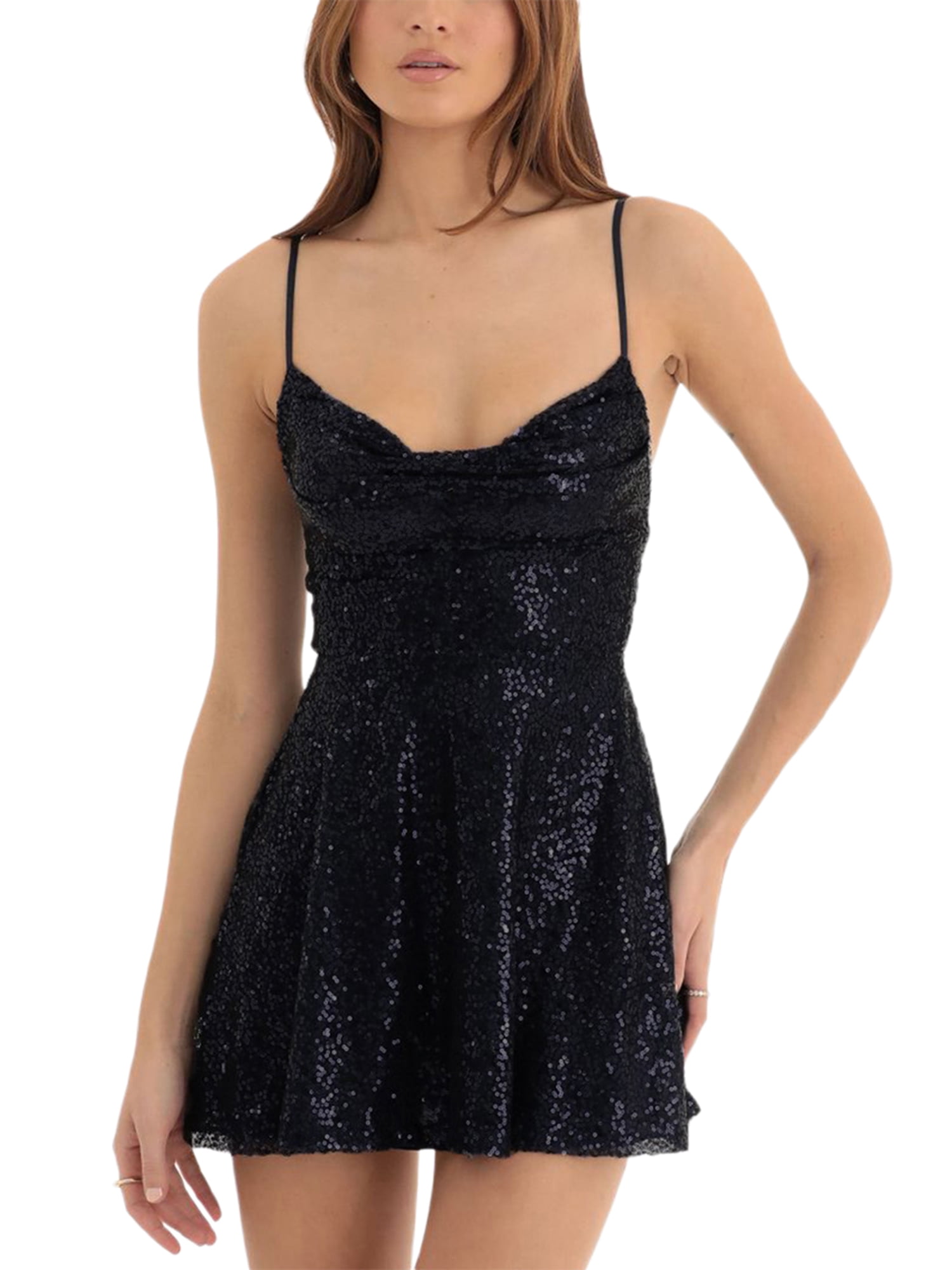 Blotona Women Sparkle Sequin Mini Dress Spaghetti Strap Backless ...
