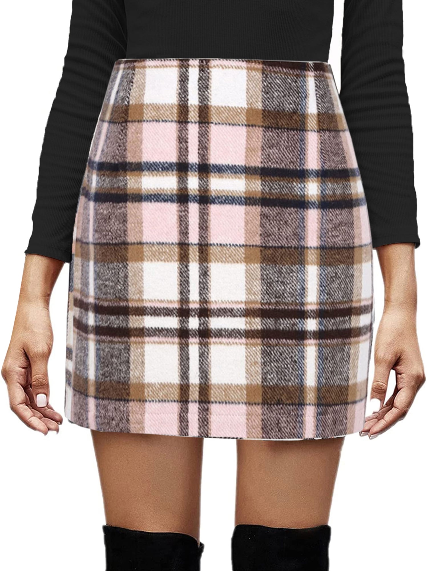 Blotona Women's Bodycon Wool Plaid Mini Skirt, High Waist, Elegant ...