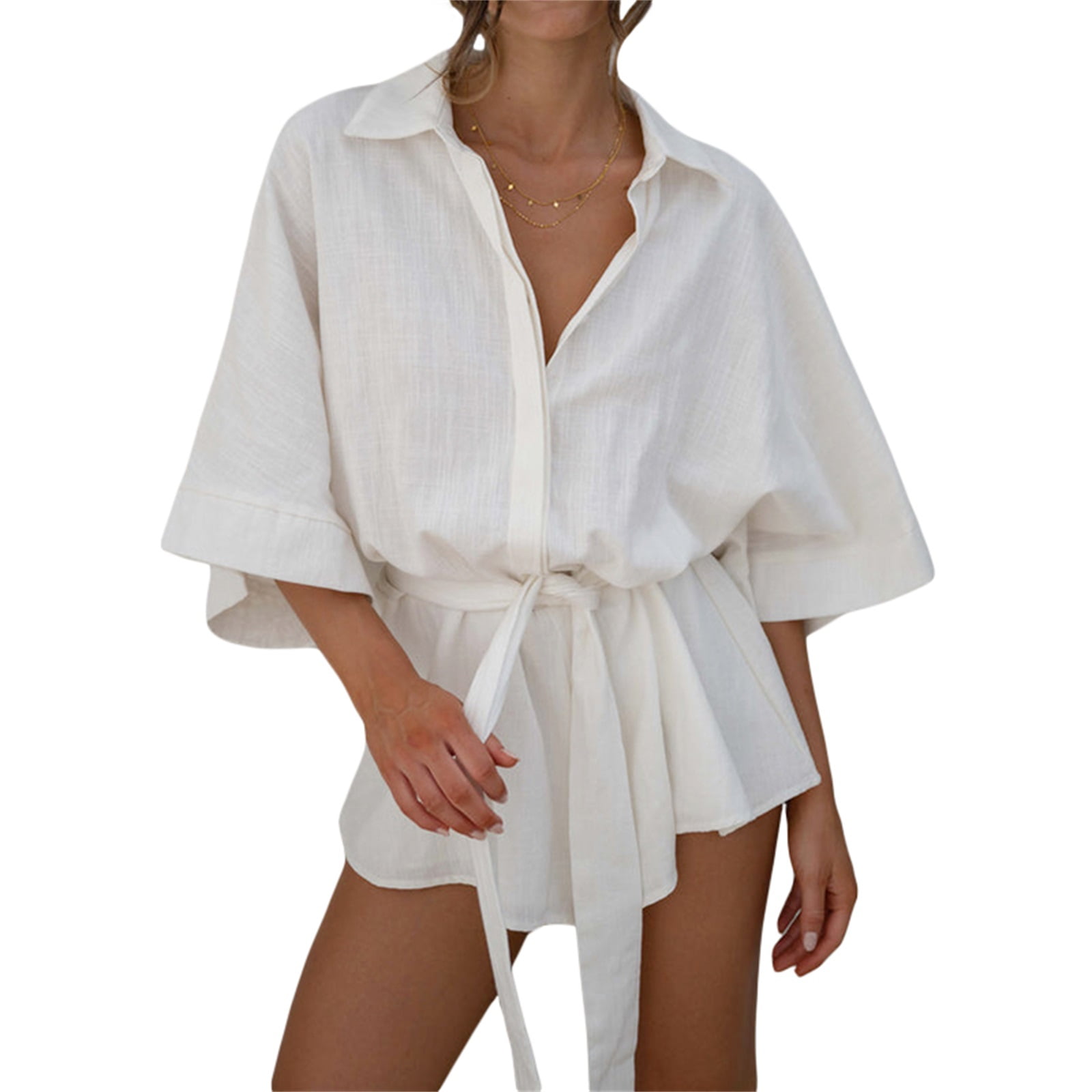 Blotona Womens Short Sleeve Jumpsuit V-Neck Botton Down Shirt Open ...