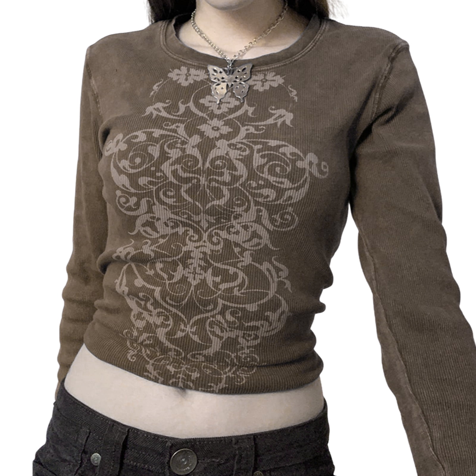 Blotona Womens Vintage Gothic Skinny Crop Tops Color Block Crewneck ...