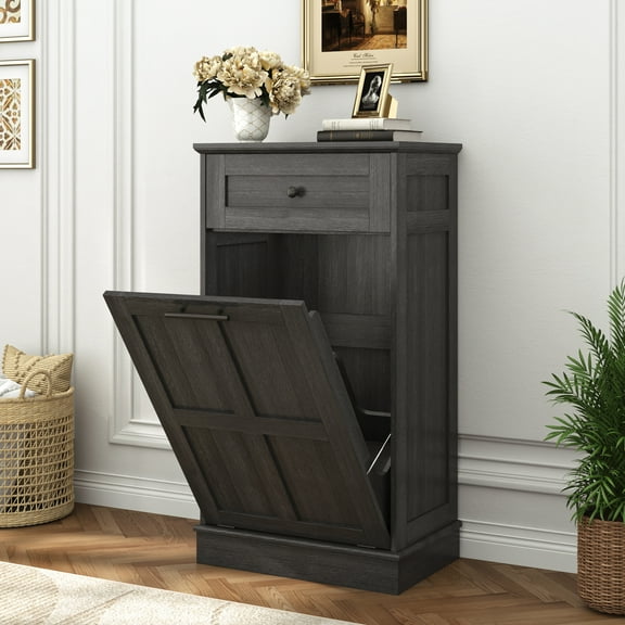 13 Gallons Tilt Out Trash Cabinet, Hidden Trash Can Cabinet Wooden Tilt ...