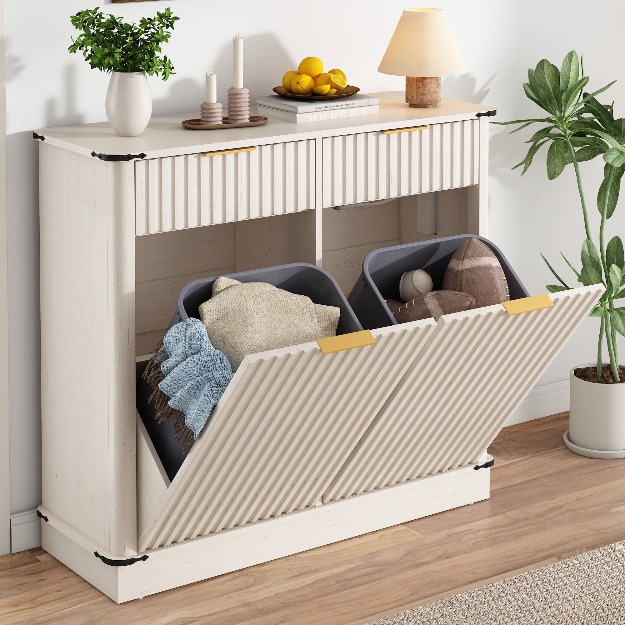 Blotout 20 Gallon Double Tilt-Out Trash Cabinet,Fluted Laundry Hamper ...