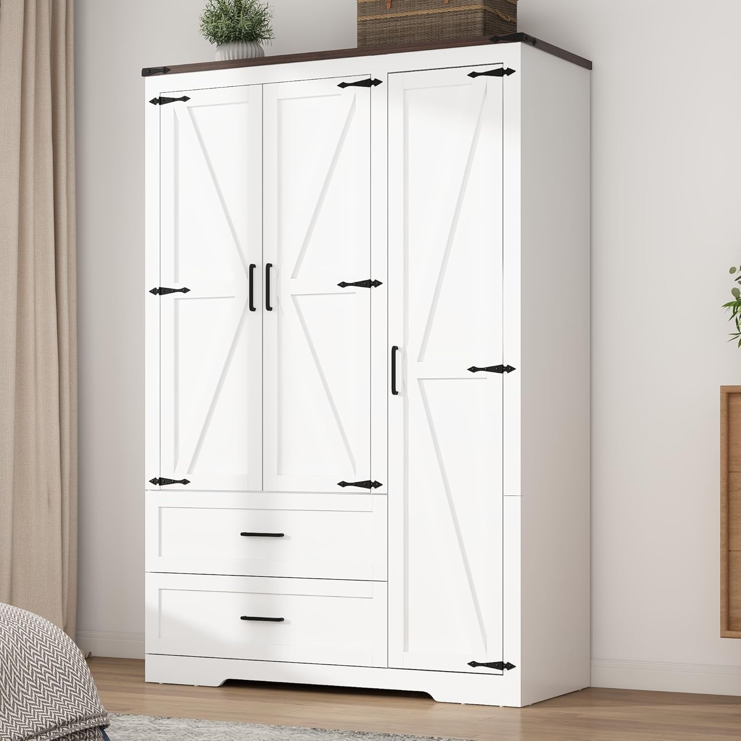 Blotout 3 Door Farmhouse Armoire Wardrobe Closet With 2 Drawers, 70 ...