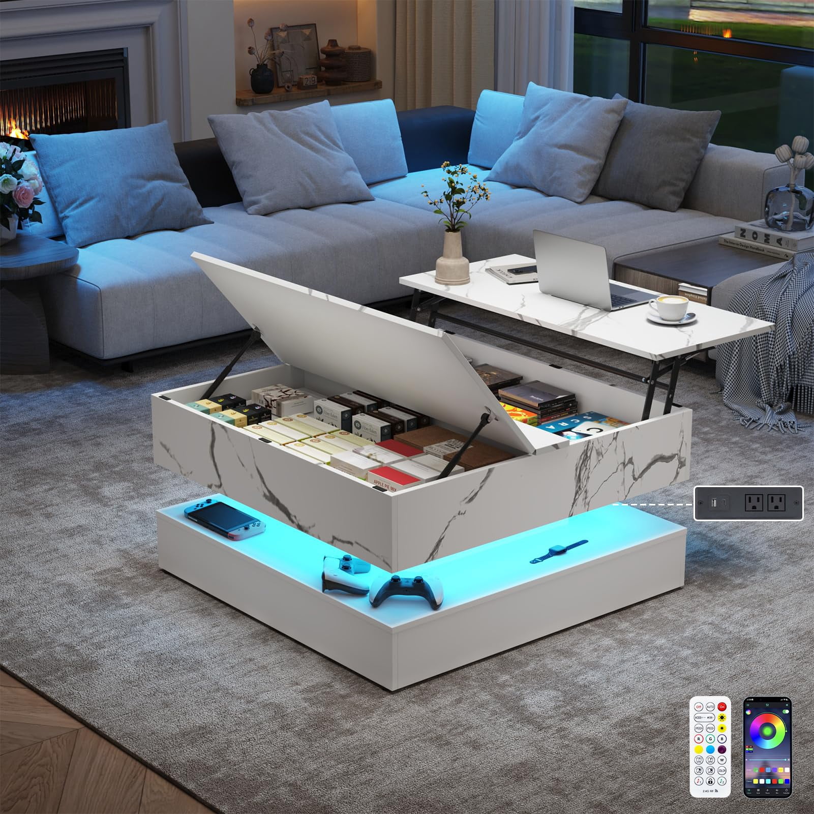 Blotout 35.4" LED Square Coffee Table with Lifting top and Charging ...
