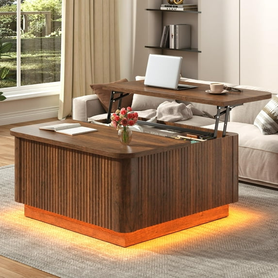 Blotout 35.4" Square Fluted Coffee Table with Lift Top and LED Lights ...