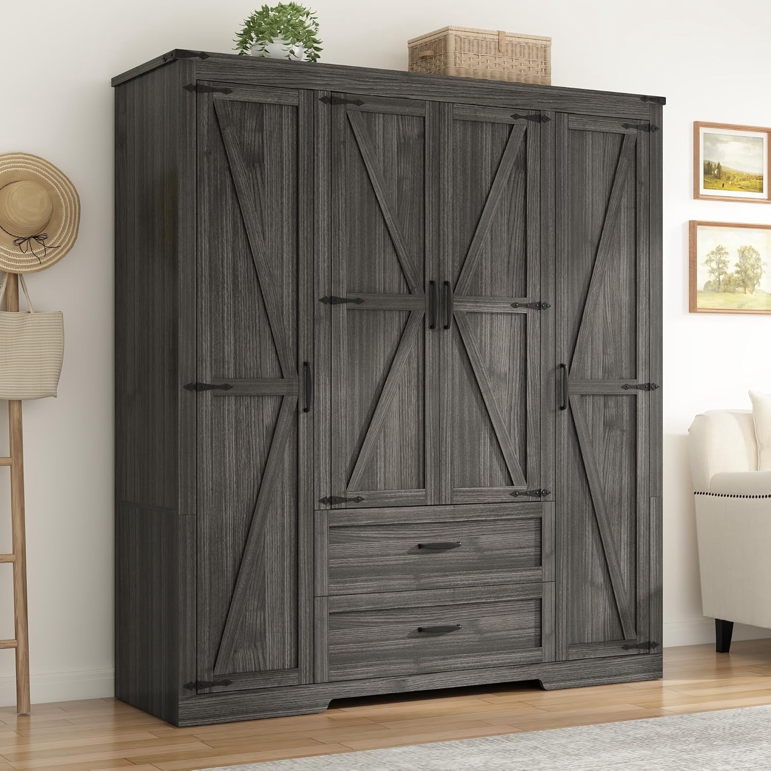 Blotout 4 Door Farmhouse Armoire Wardrobe Closet With 2 Drawers, 70 ...