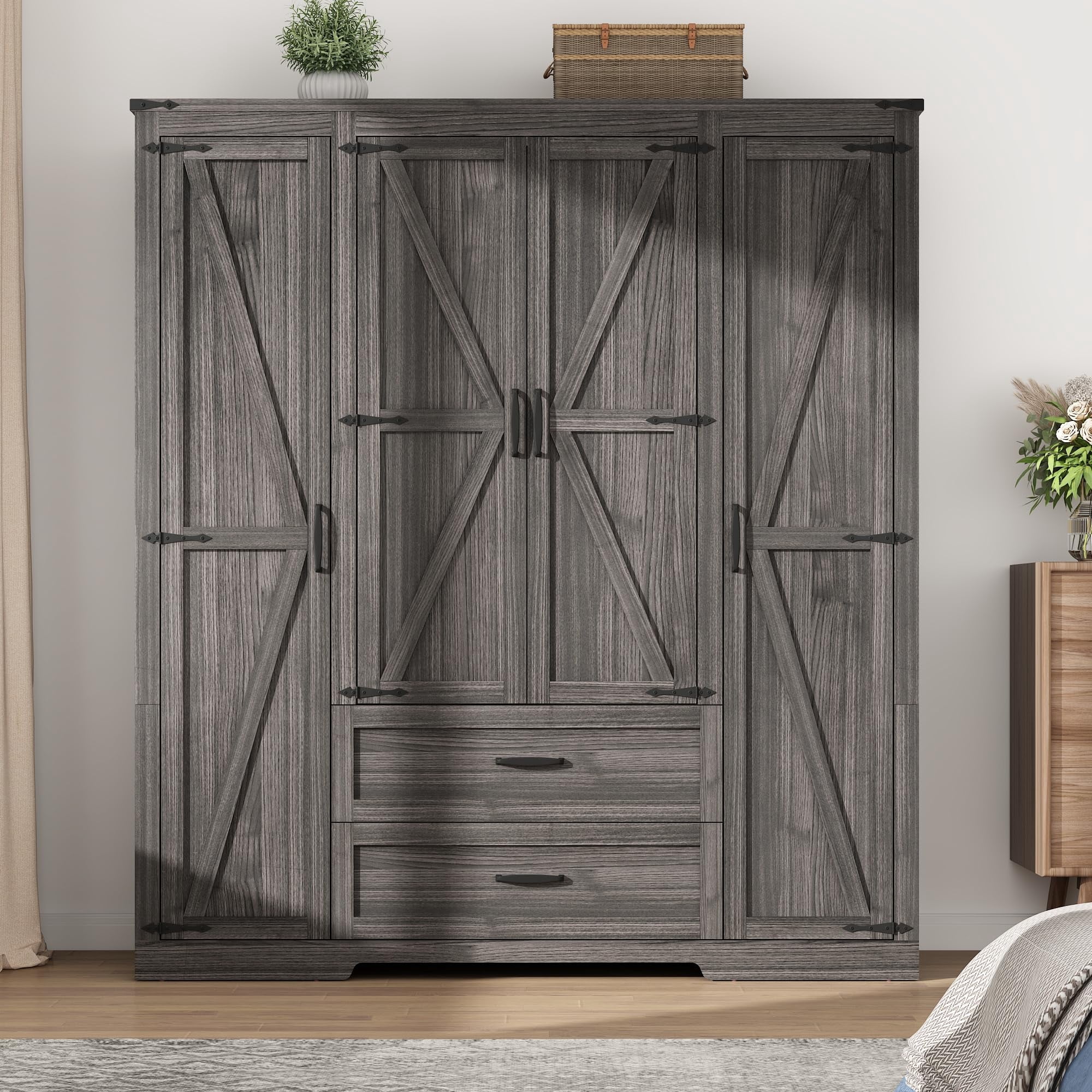 Blotout 4 Door Farmhouse Armoire Wardrobe Closet With 2 Drawers, 70 ...