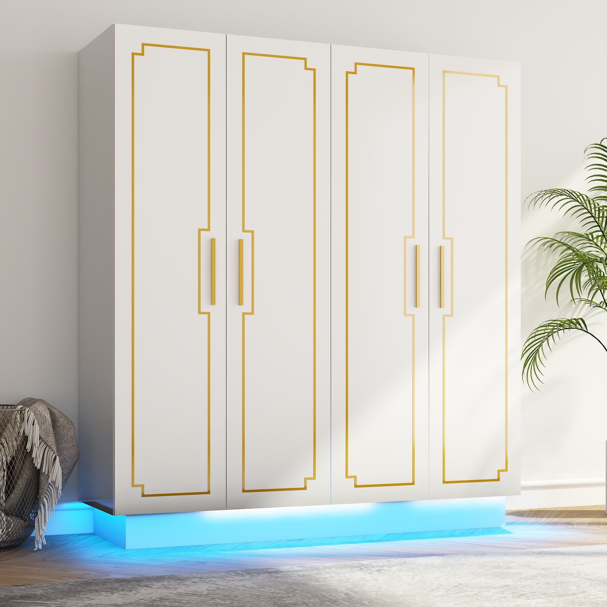 "Blotout Wood & Metal 4-Door Wardrobe Armoire with LED Light, 70 ...