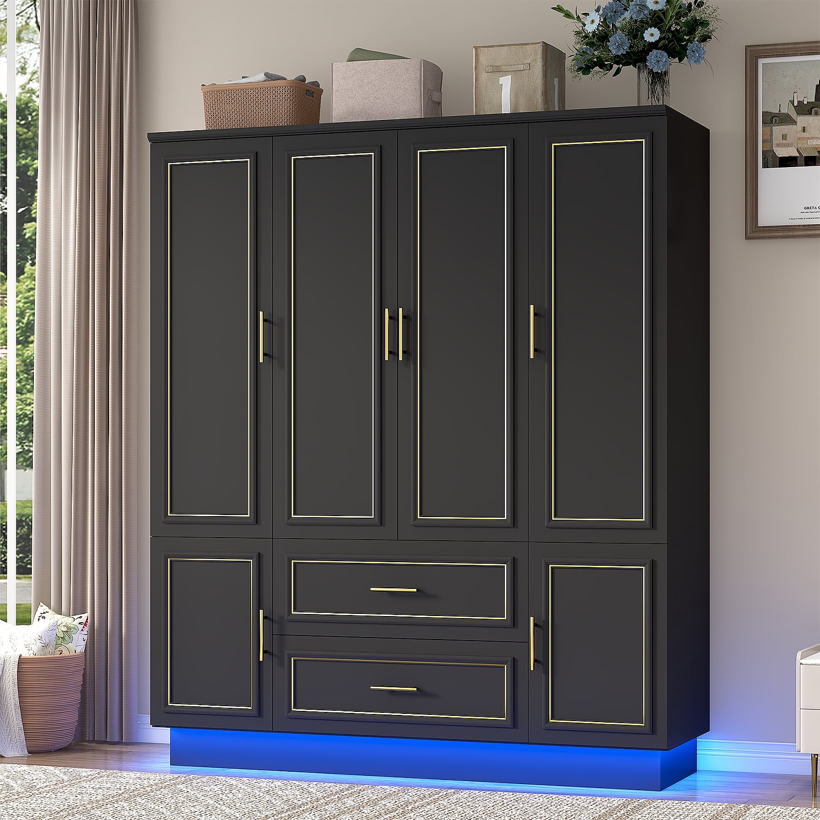 Blotout 75" Tall 4 Doors Armoire Wardrobe Closet with LED Lights, LED ...